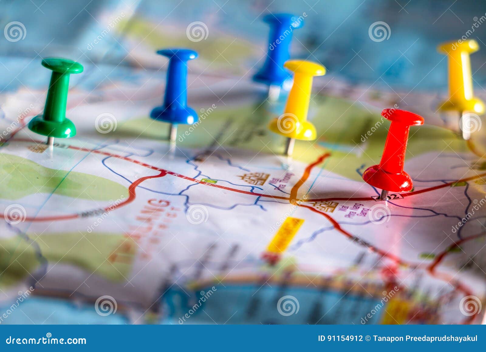 Travel Destination Pin Points on a Map with Colorful Thumbtacks Stock ...