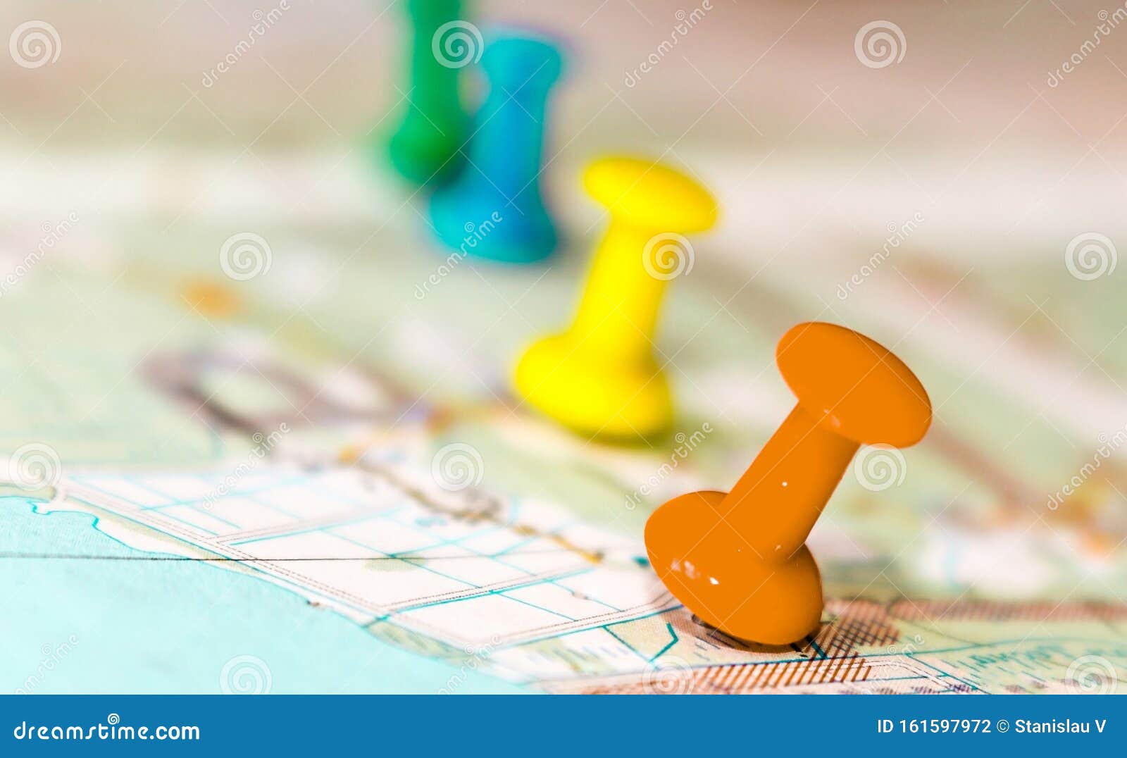 Travel Destination Points on a Map Indicated with Colorful Thumbtacks ...