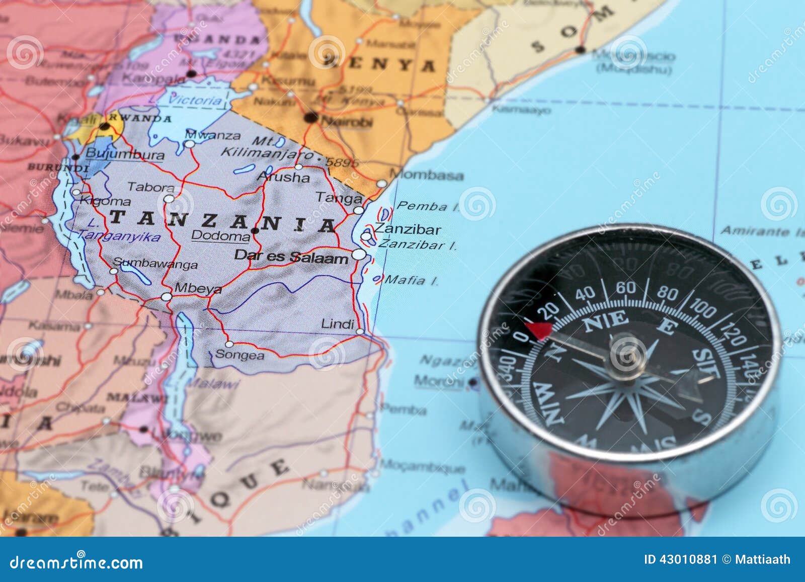 Travel Destination Tanzania, Map with Compass Stock Image - Image of ...