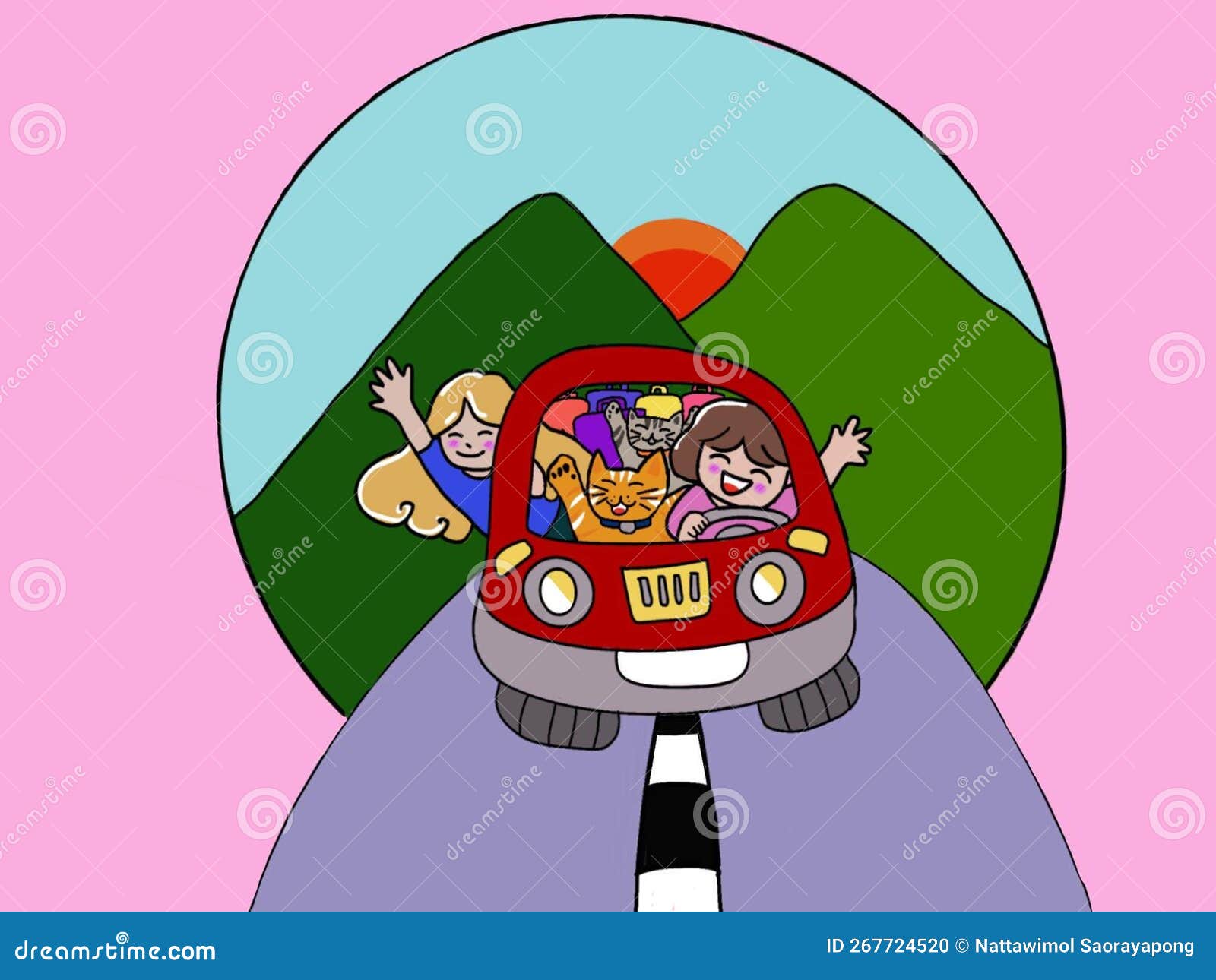 A Travel Drawing of Two Women and Two Cats. Stock Illustration ...