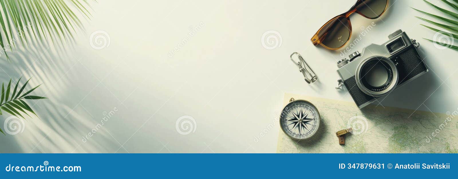 Travel Essentials Like a Compass, Map, Camera, and Sunglasses are ...