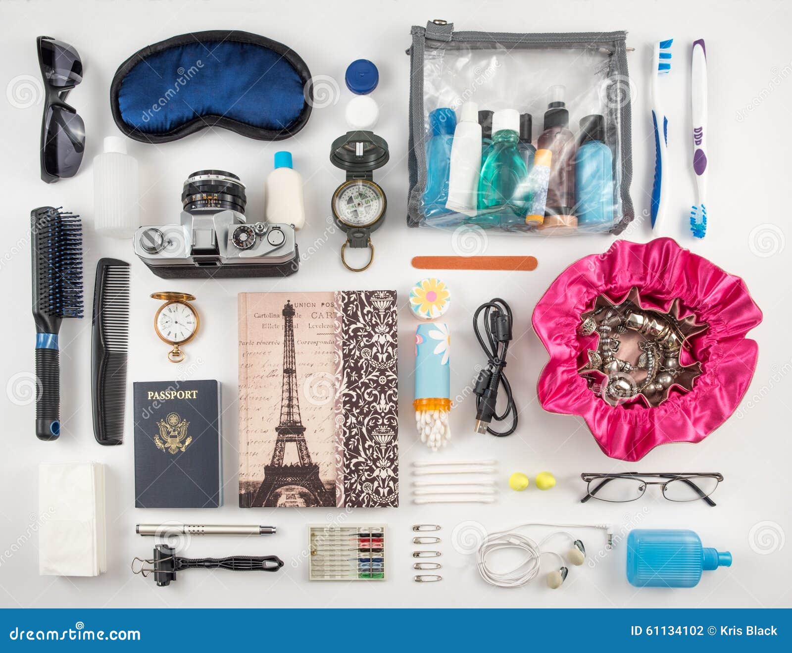 Travel Essentials Photomontage Stock Photo - Image of luggage, lens ...