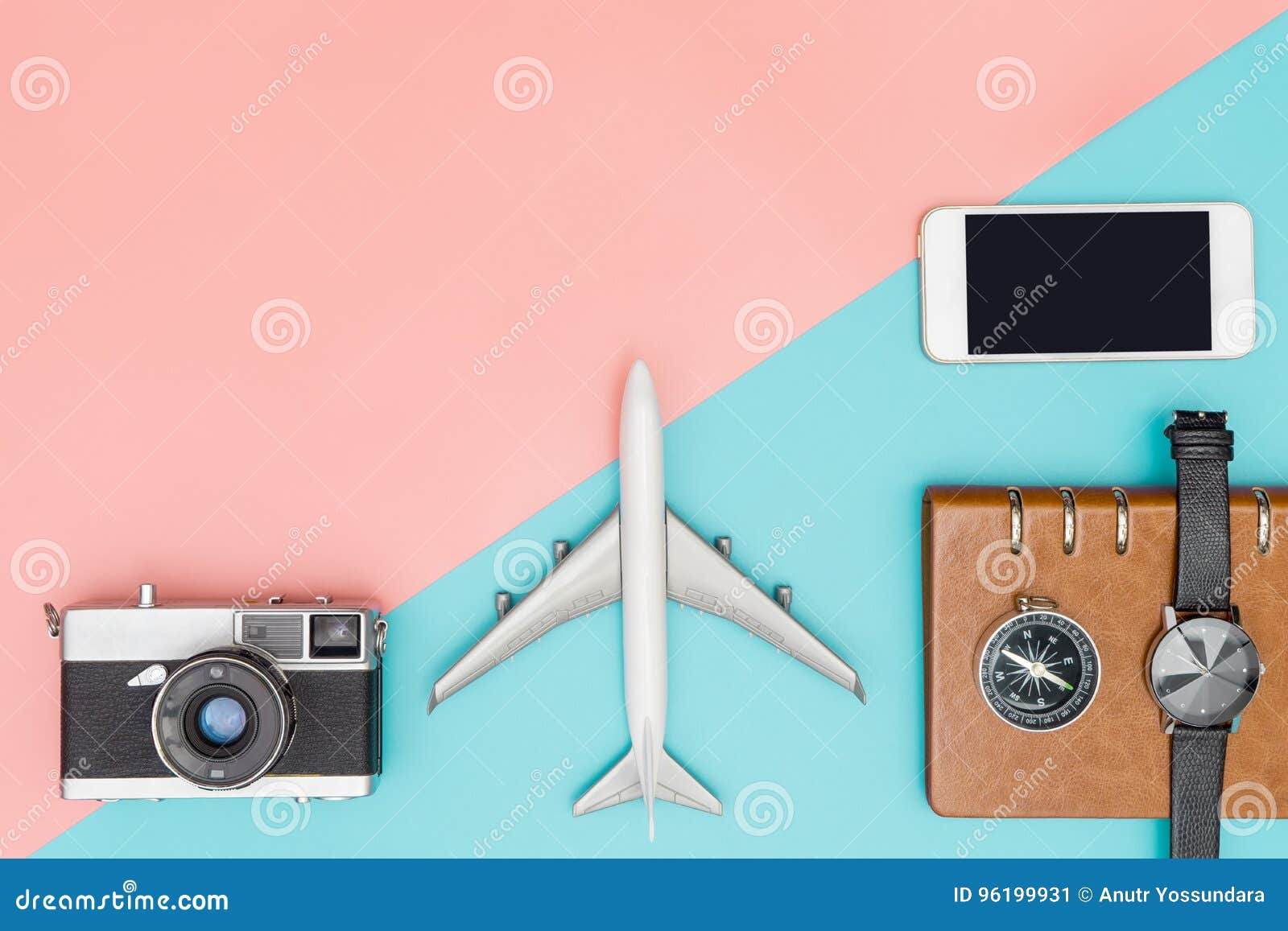 Travel Flat Lay Object on Blue and Pink Stock Image - Image of object ...