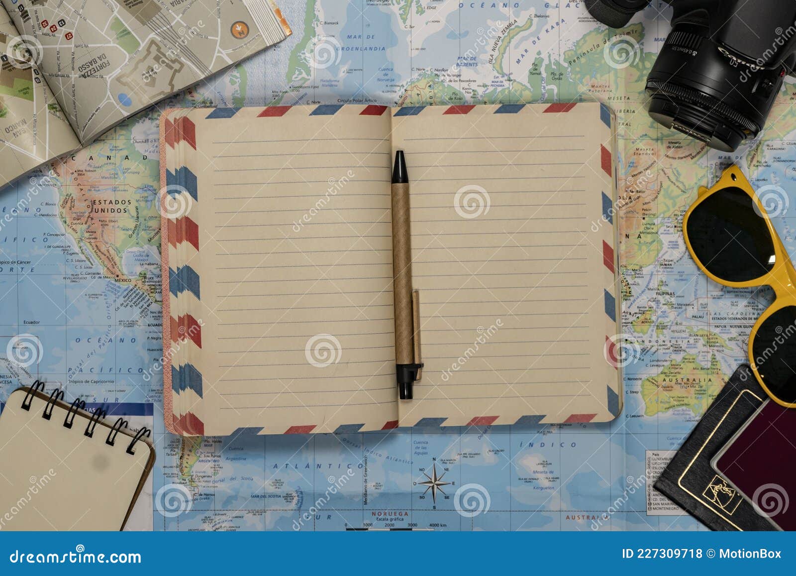 Travel Flat lay over map stock photo. Image of close - 227309718