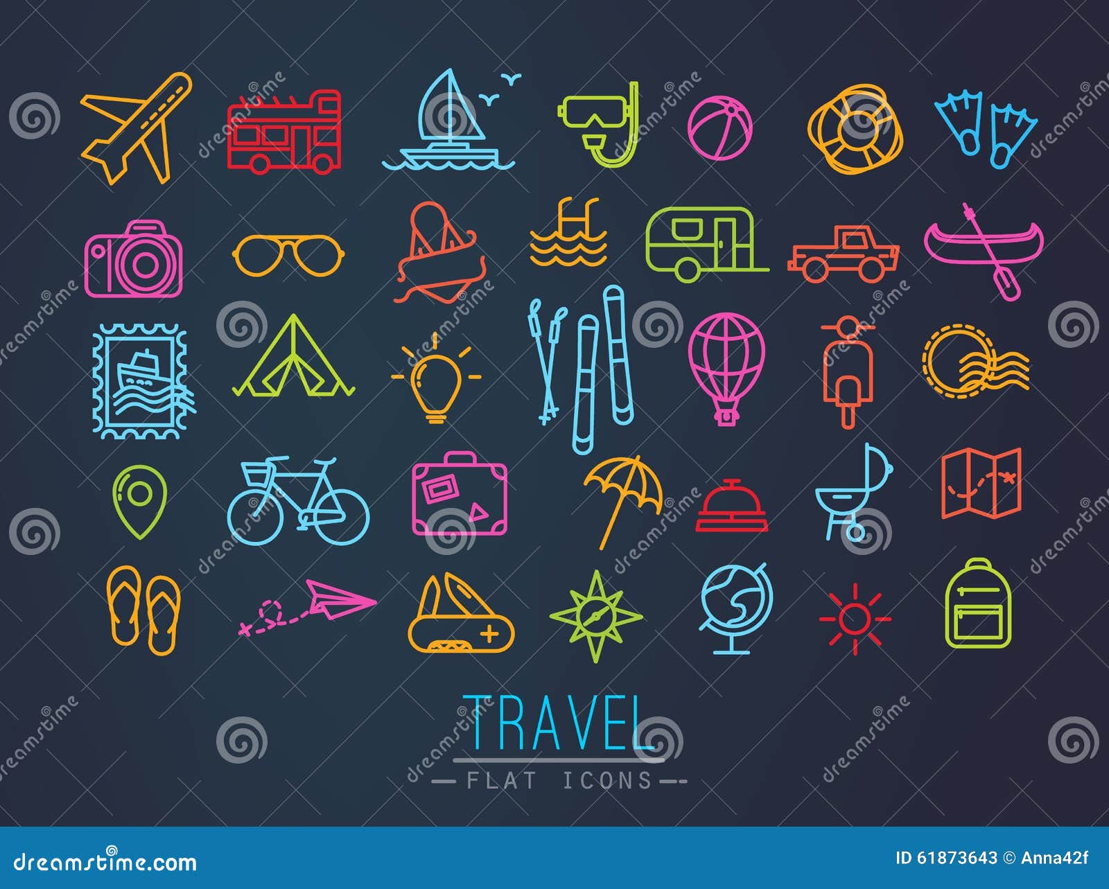 Travel flat neon icons stock vector. Illustration of hotel - 61873643