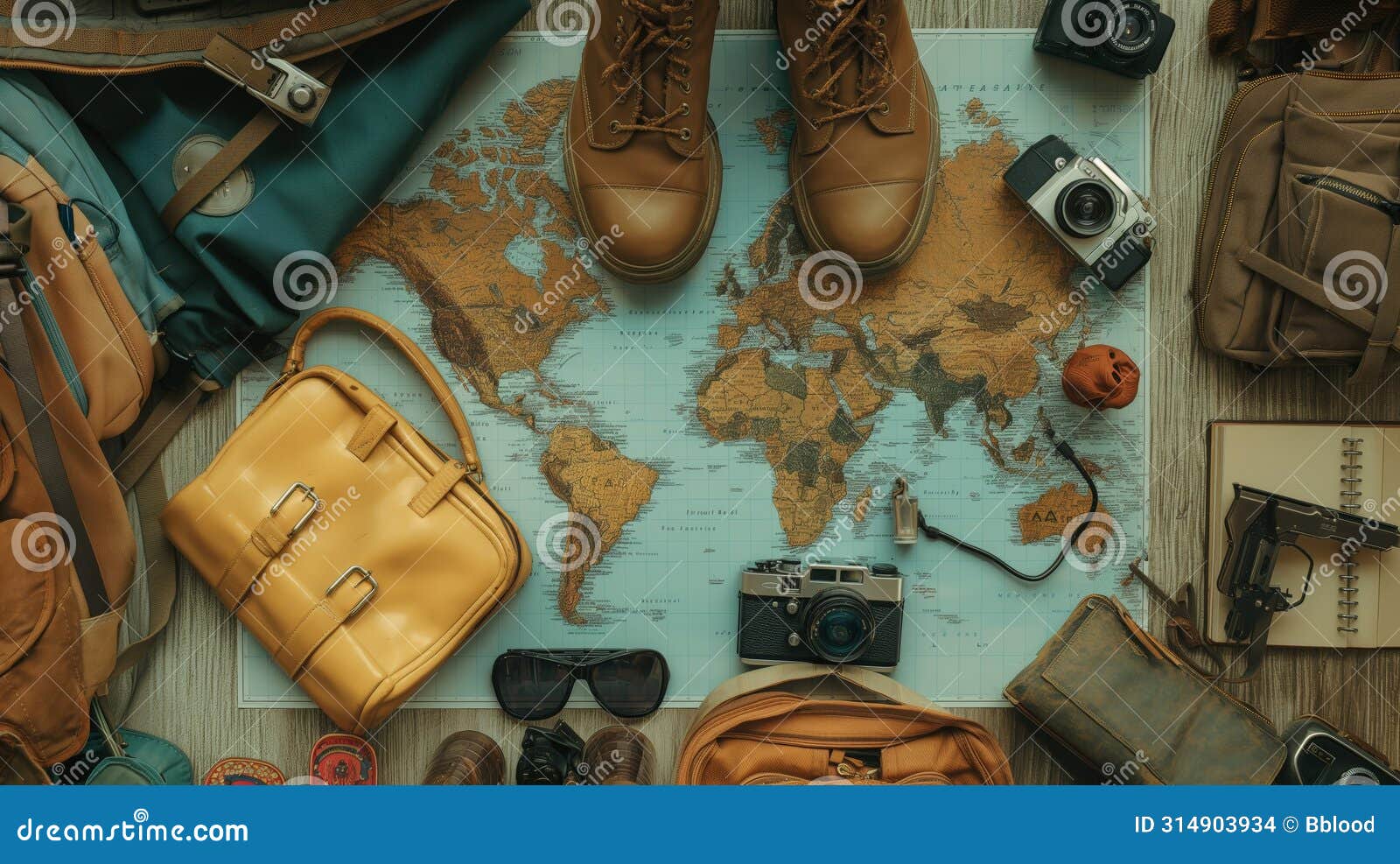 Travel Gear and Accessories Spread on World Map Stock Photo - Image of ...