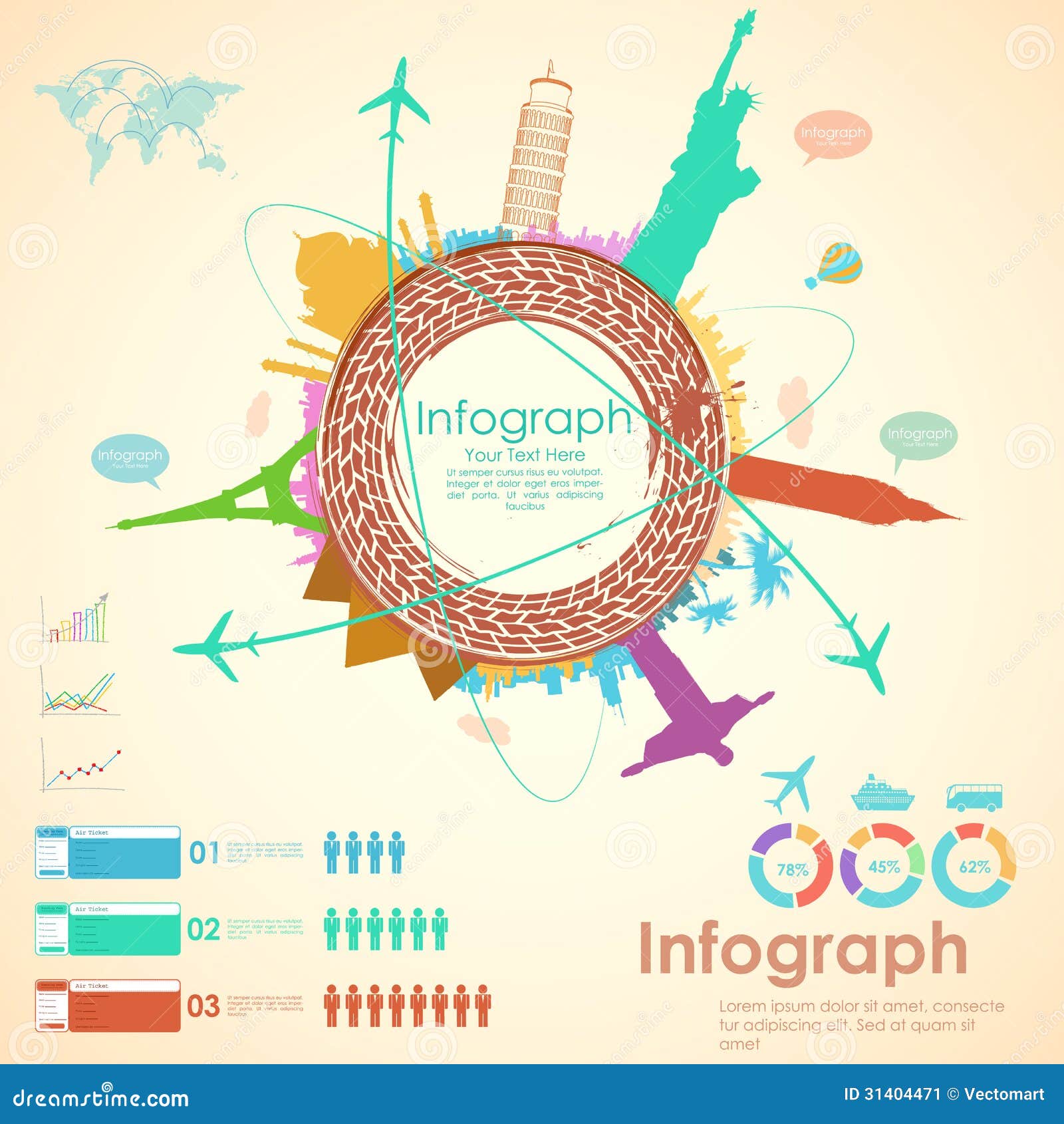 Travel Infographic Set With Landmarks, Icons And World Map Cartoon ...