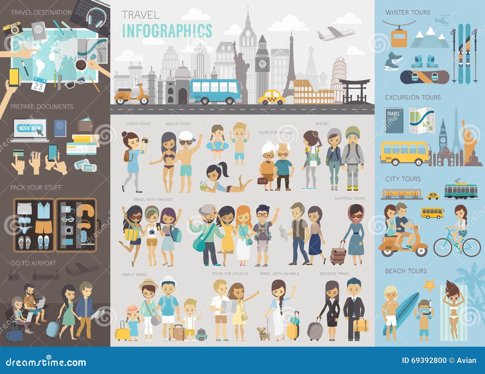 Travel Infographic Set With Landmarks, Icons And World Map Cartoon ...
