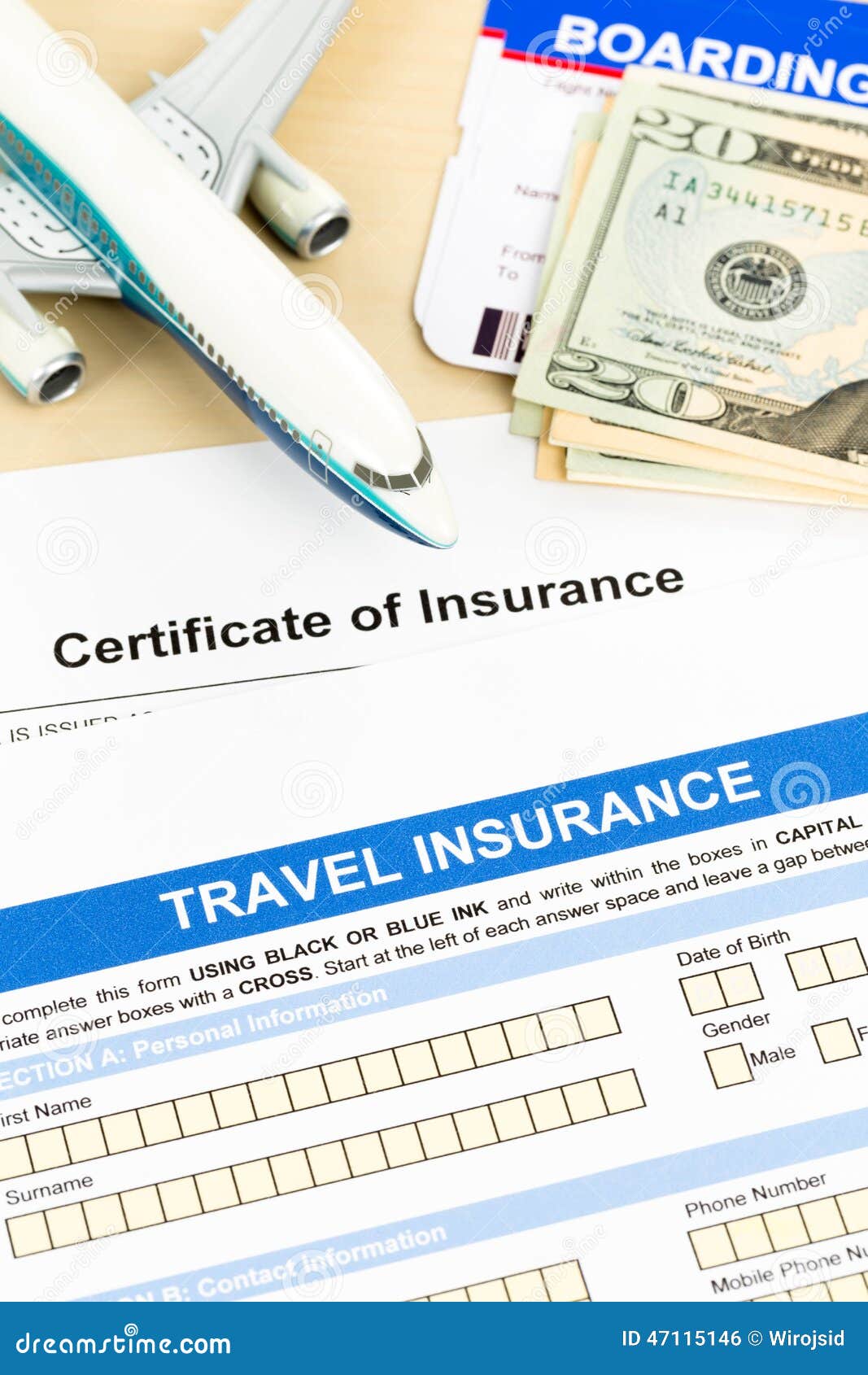 Travel Insurance Application Form with Plane Model Stock Photo - Image ...