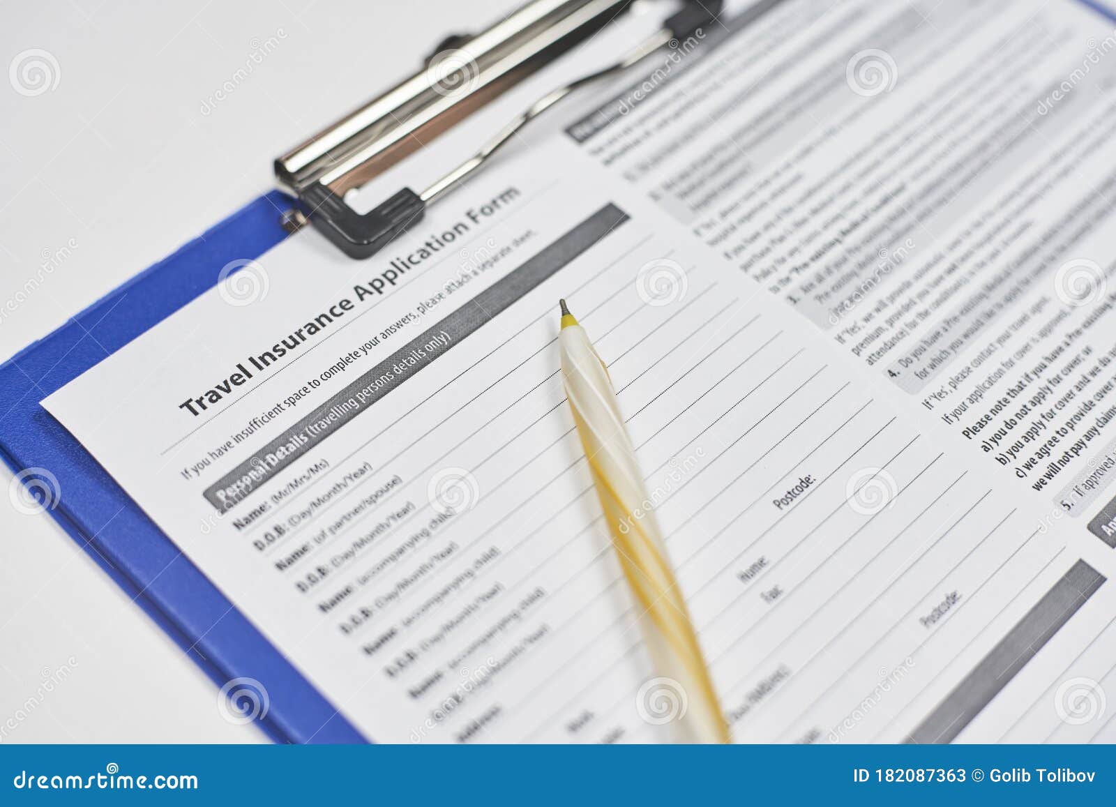 Travel Insurance Application Form Stock Image - Image of office ...