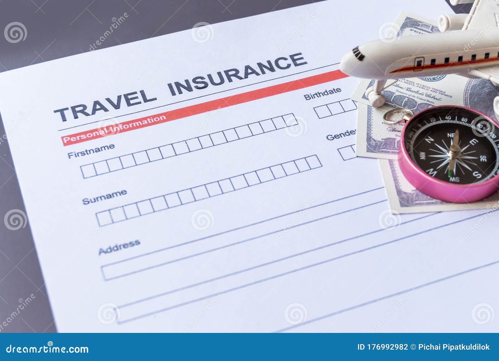 Travel Insurance Form with Model and Policy Document Stock Photo ...