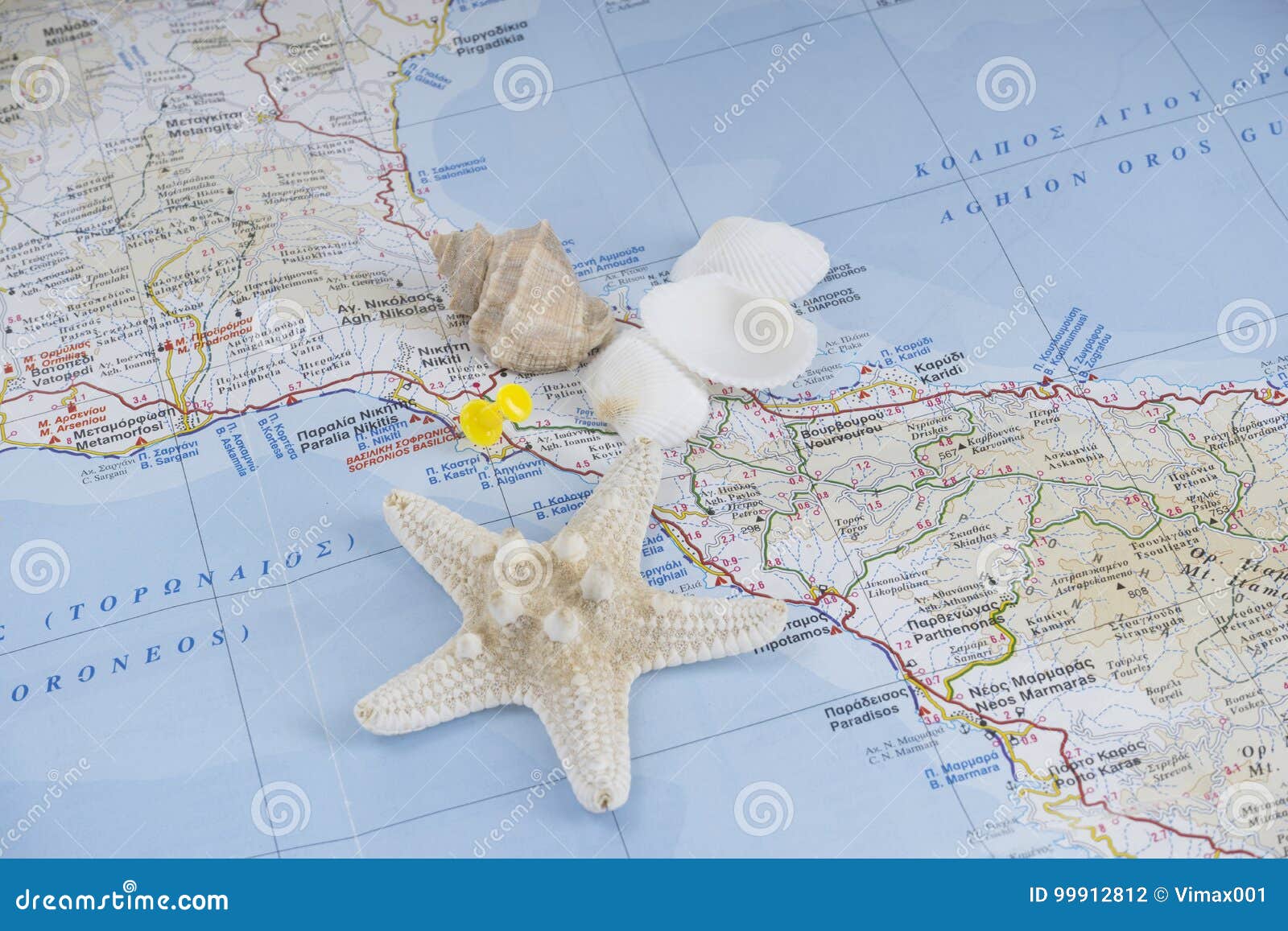 Travel Map with Pin and Sea Shell, Concept Stock Photo - Image of ...