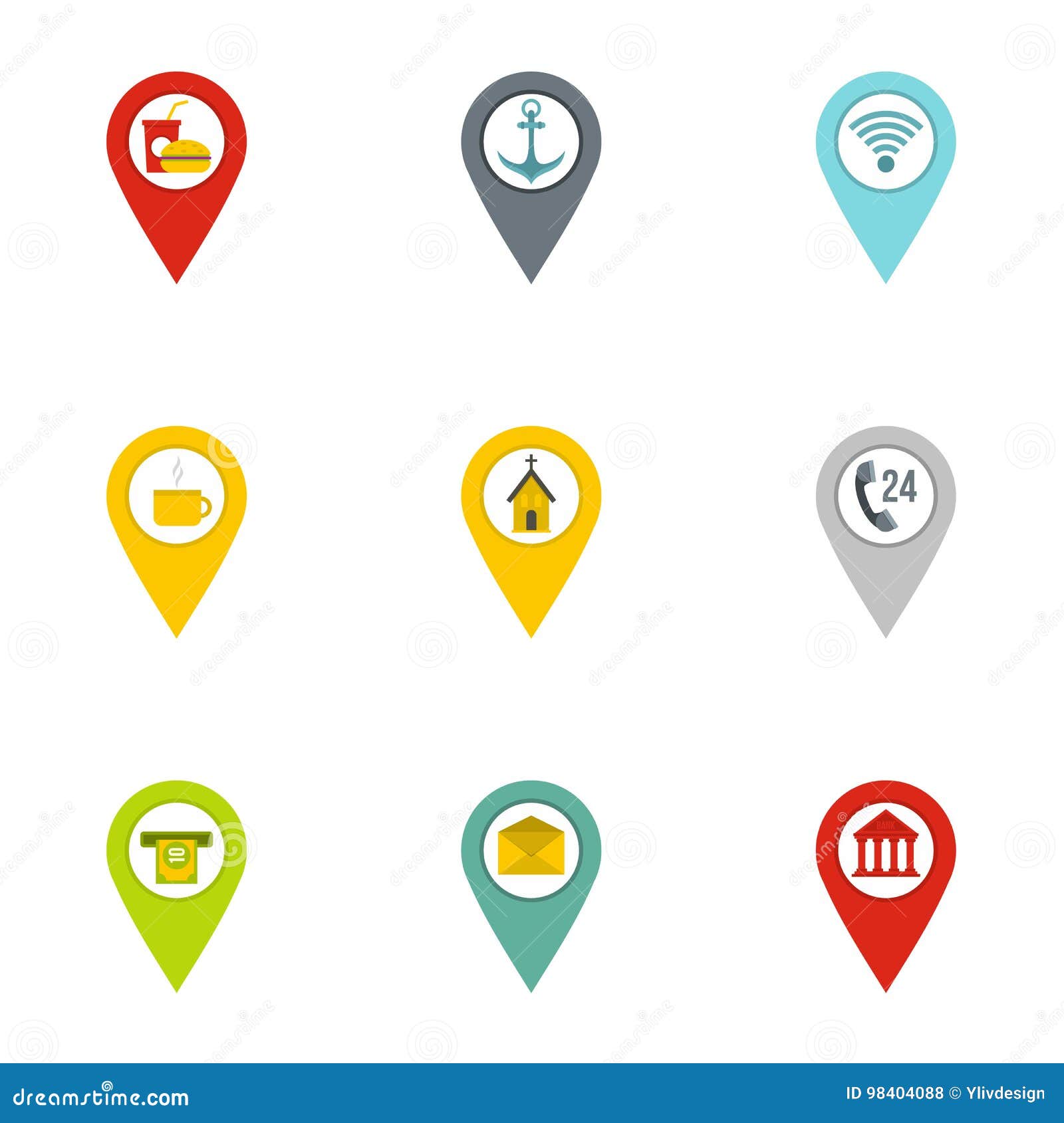 Travel Pins Icon Set, Flat Style Stock Vector - Illustration of mark ...