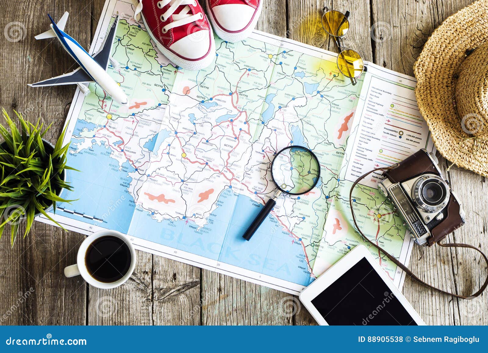 Travel Planning Concept on Map Stock Photo - Image of glass, coffee ...