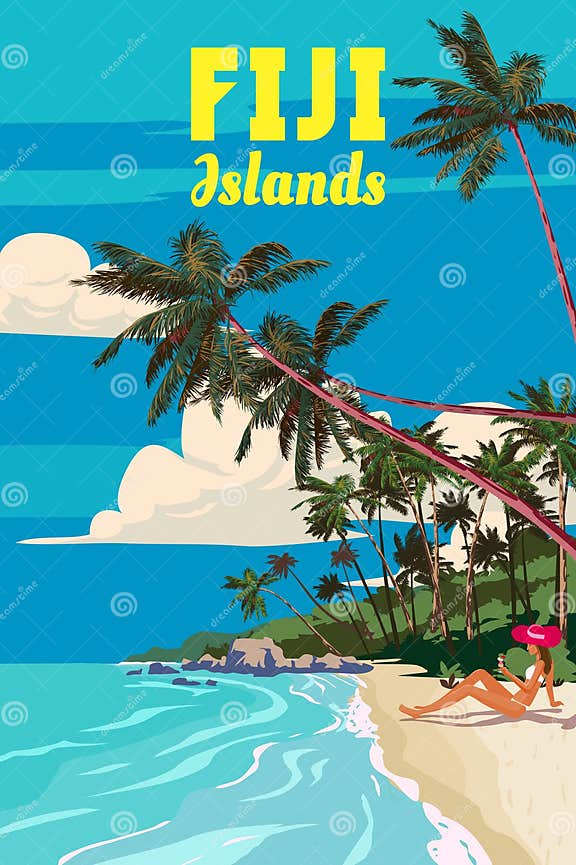 Travel Poster Fiji Tropical Islands Resort Vintage Stock Illustration