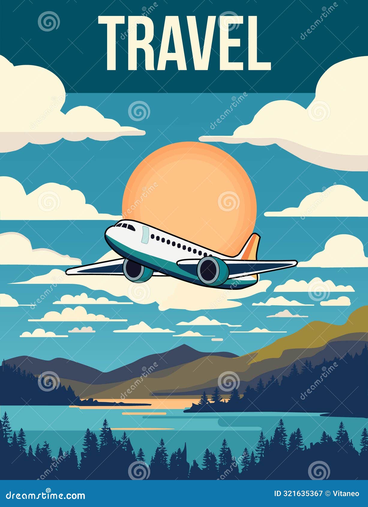 Travel Posters with Airplane, Mountains and Clouds. Vector Illustration ...
