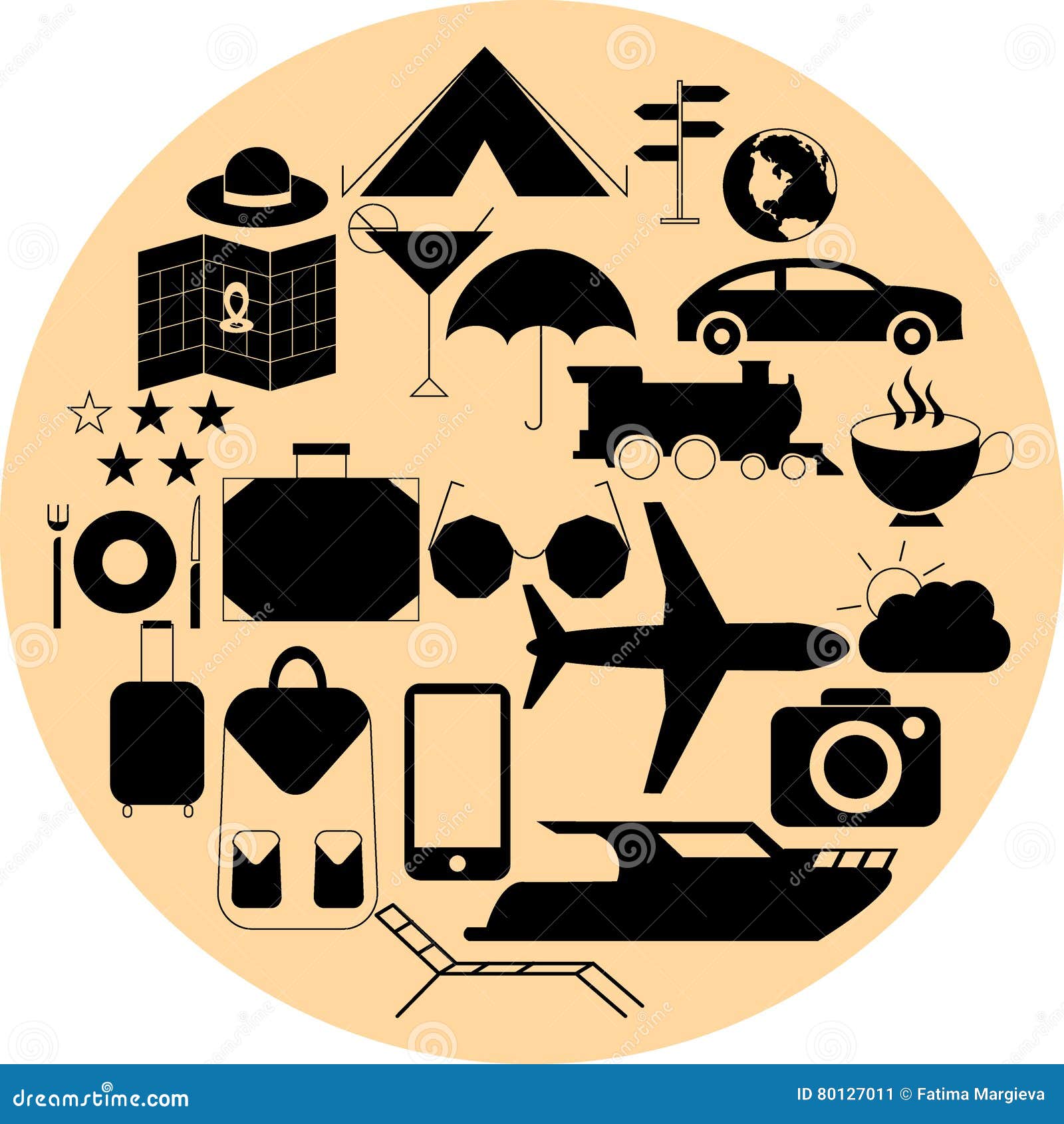 Travel Set Icons in Beige Circle Stock Vector - Illustration of cruise ...