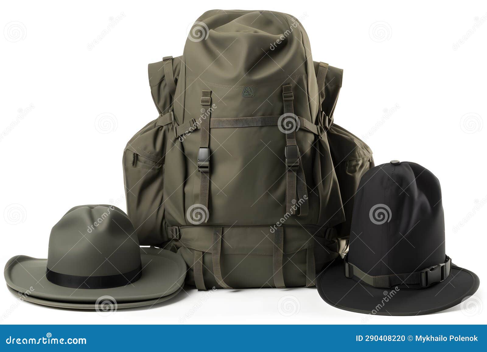 Travel Set Isolated on White Background. Hat, Backpack and Boots Stock ...