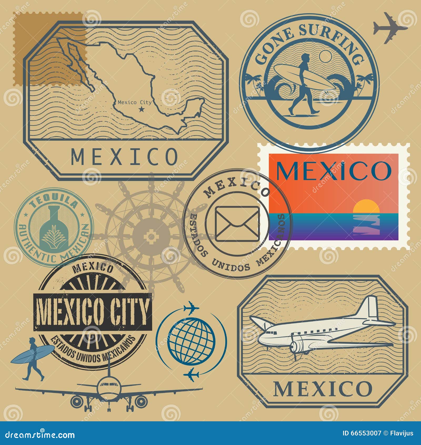 Travel stamps set, Mexico stock vector. Illustration of post - 66553007