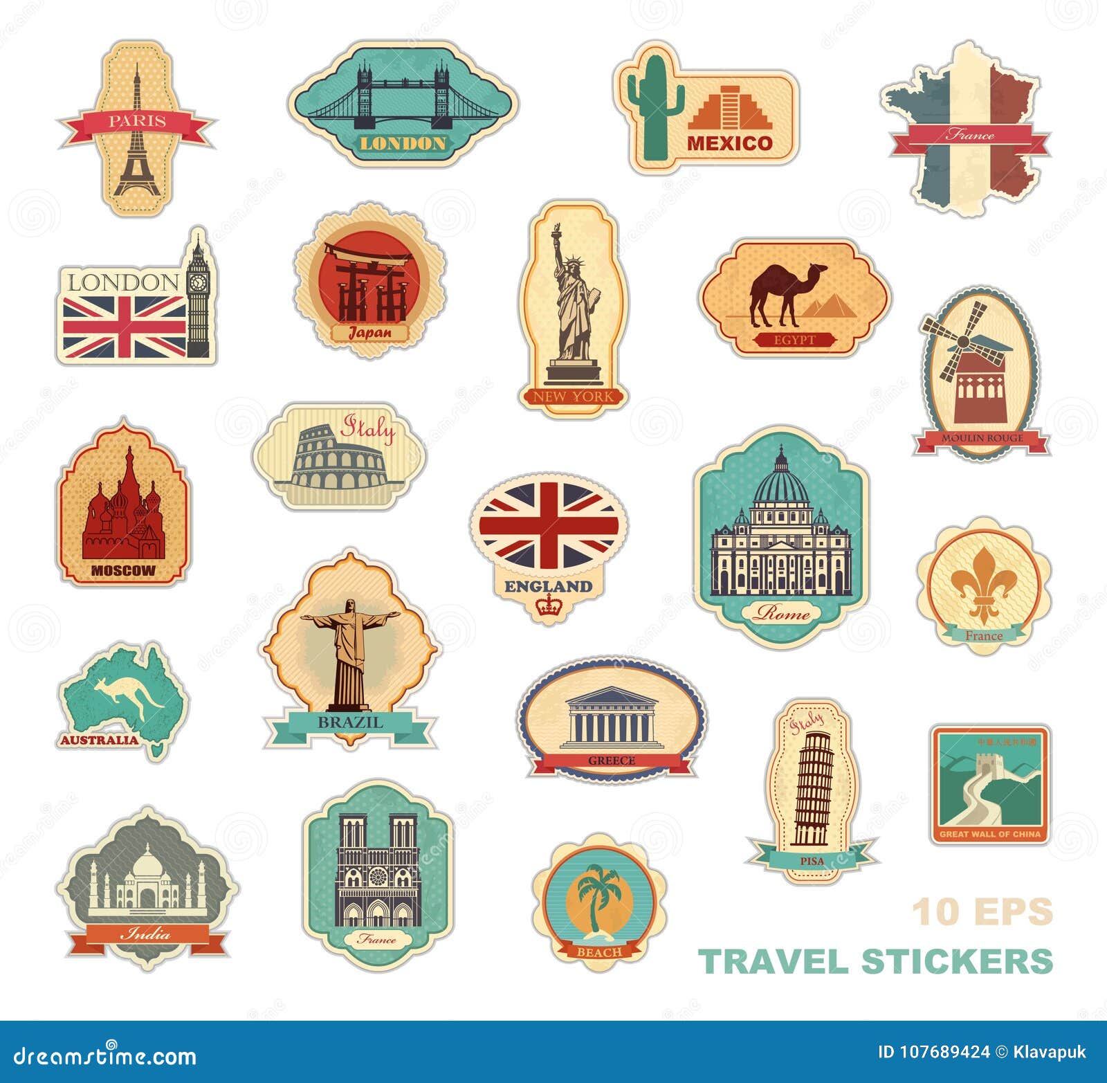 Travel Stickers And Symbols Different Countries Vector Illustration ...