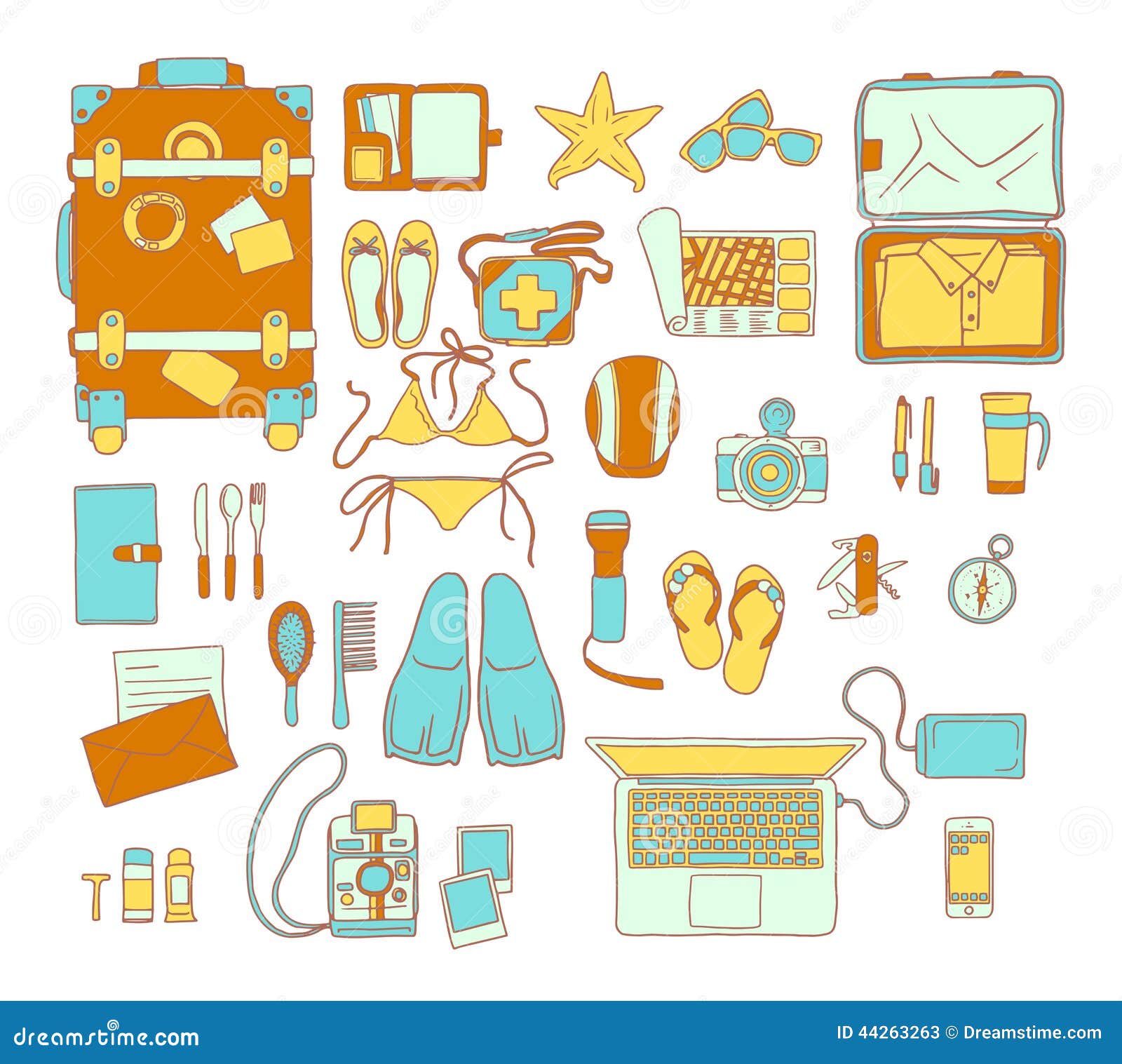 Travel Stuff. Cartoon Luggage, Clothes, Map, Camera, Passport And ...