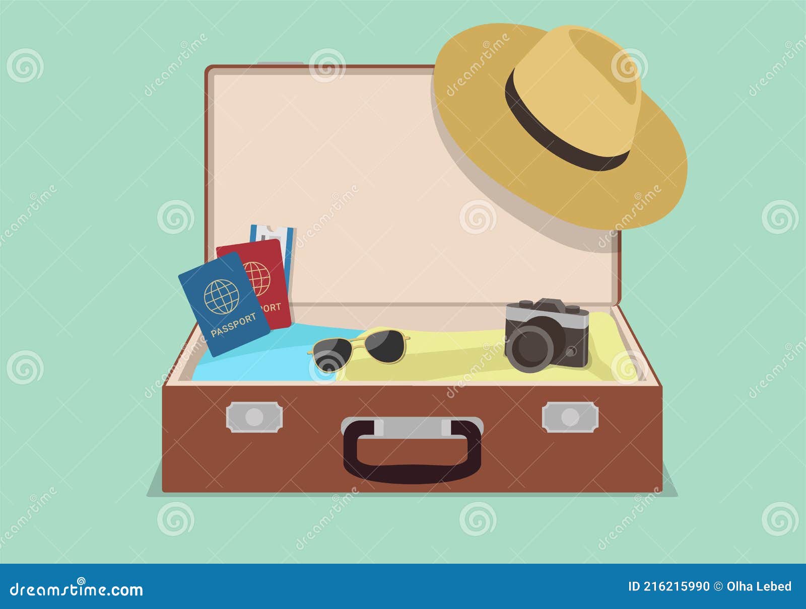 Travel Suitcase Hat Passports Tickets And Sunglasses Stock Vector