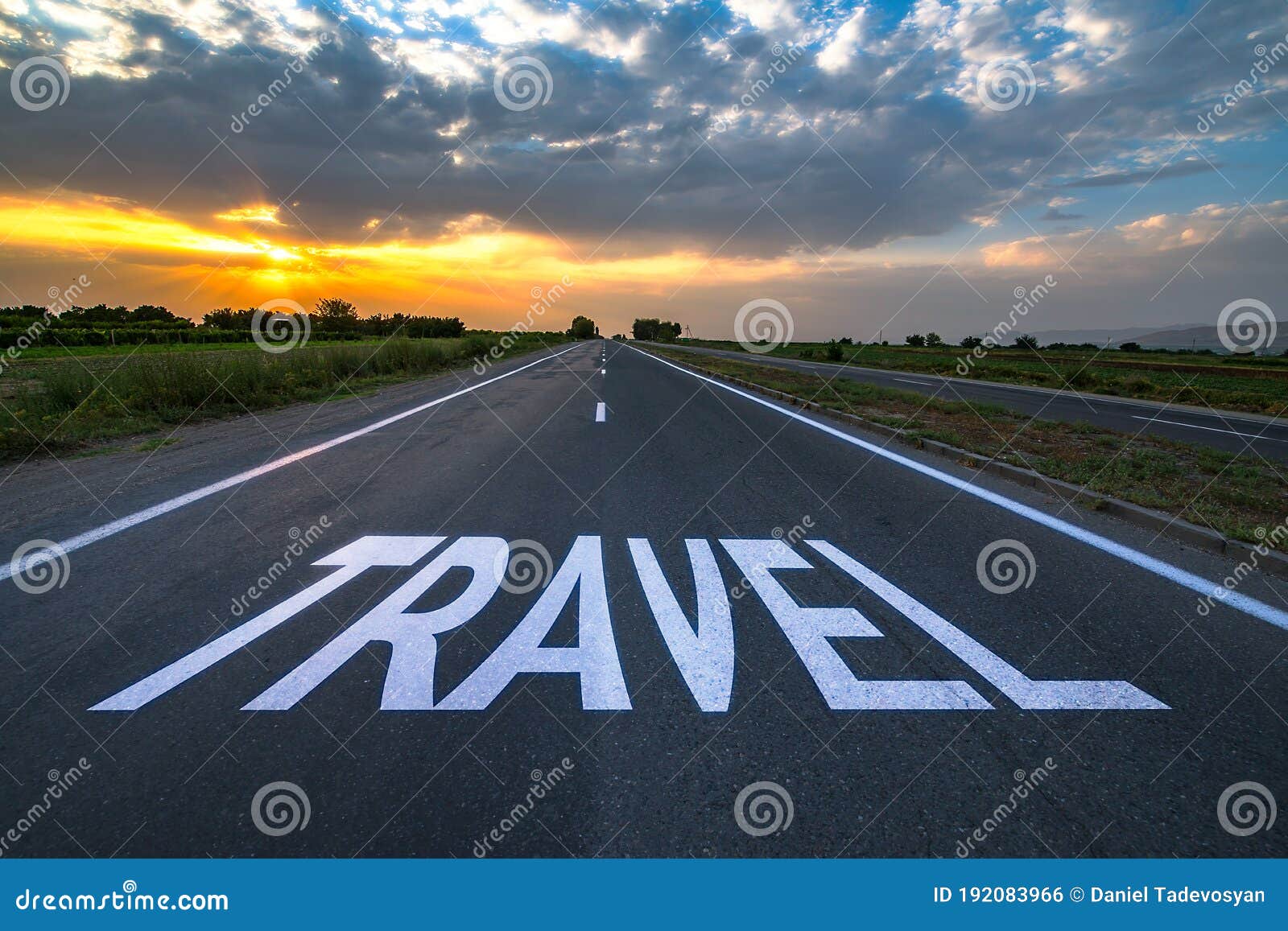 Travel text on road stock photo. Image of sunset, green - 192083966