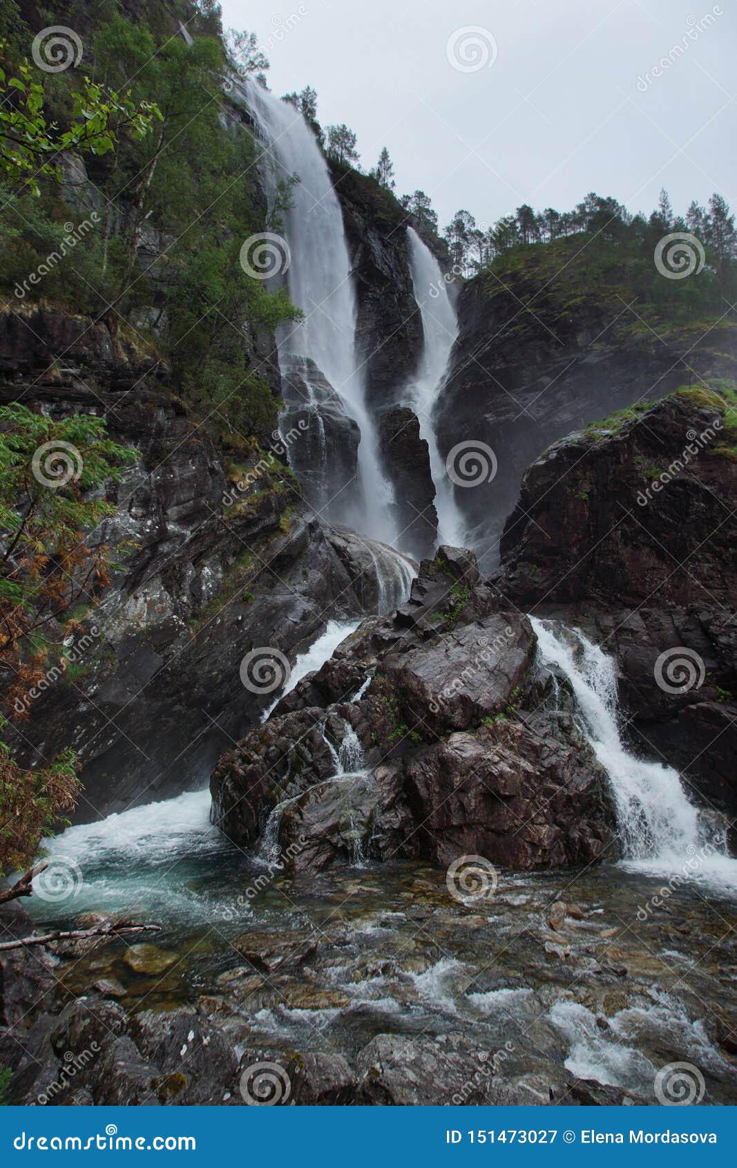 Travel To Norway, a High Waterfall Falls into the River and Flows Down ...