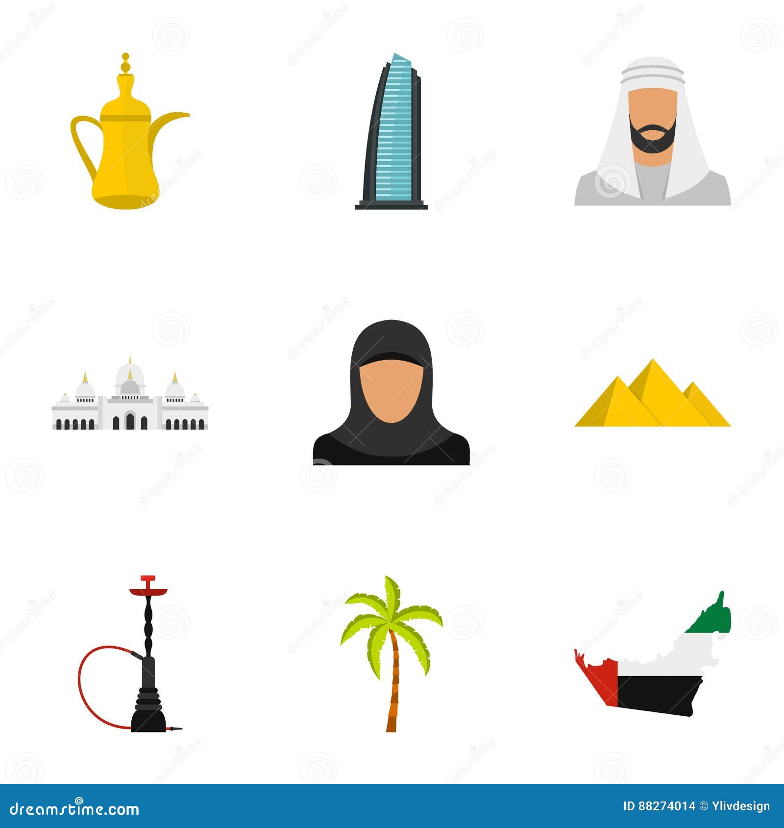 Travel To UAE Icons Set, Flat Style Stock Vector - Illustration of ...