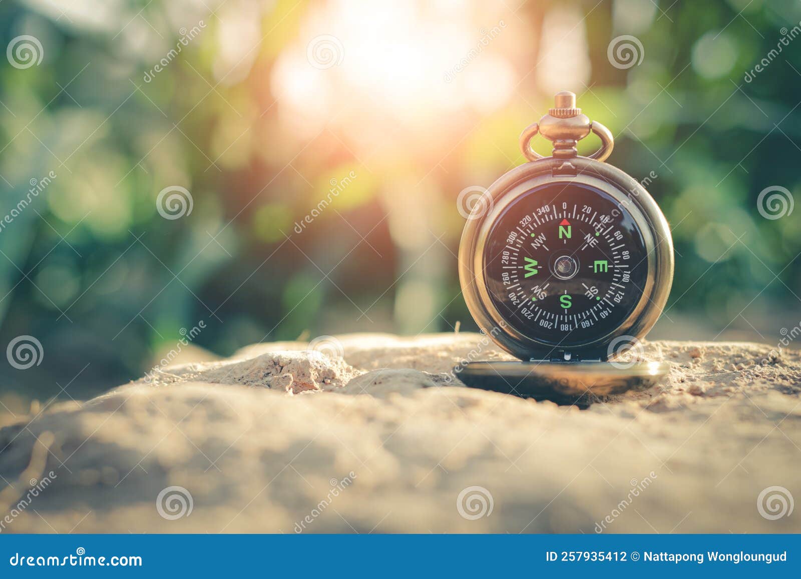 Travel of Tourists with Compass. Compass of Tourists on Mountain Stock ...