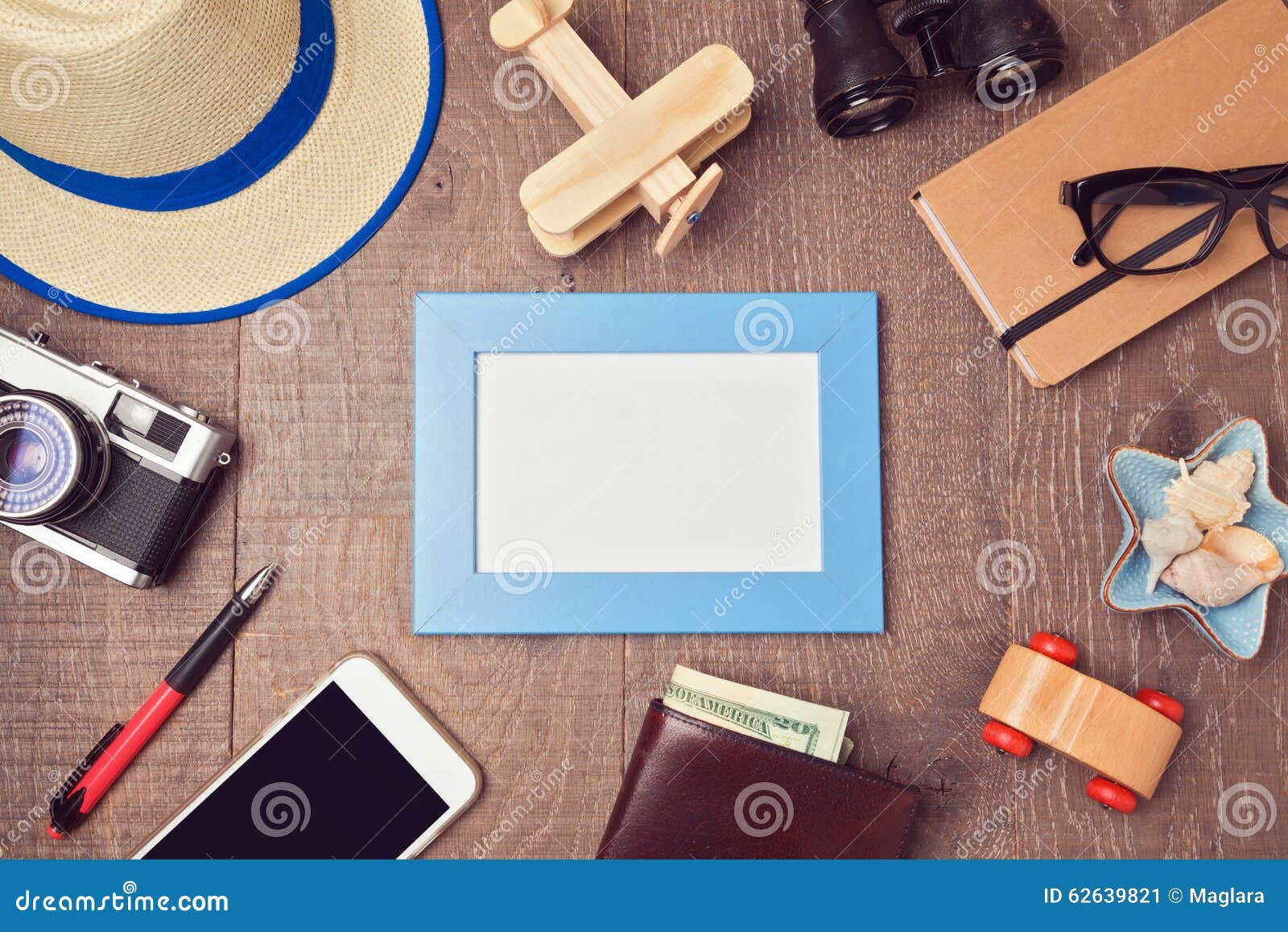Travel and Vacation Concept Background with Blank Frame and Objects ...