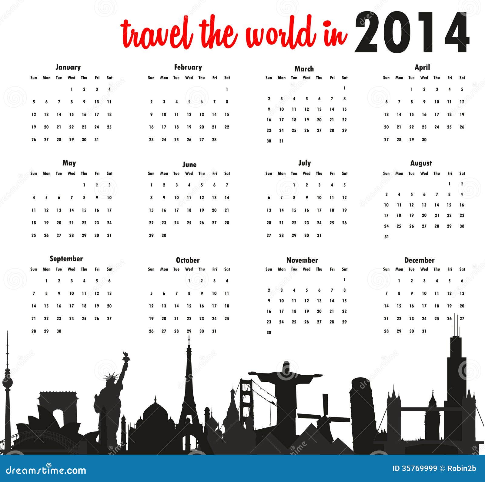 Travel the World in 2014 Calendar Stock Vector - Illustration of diary ...
