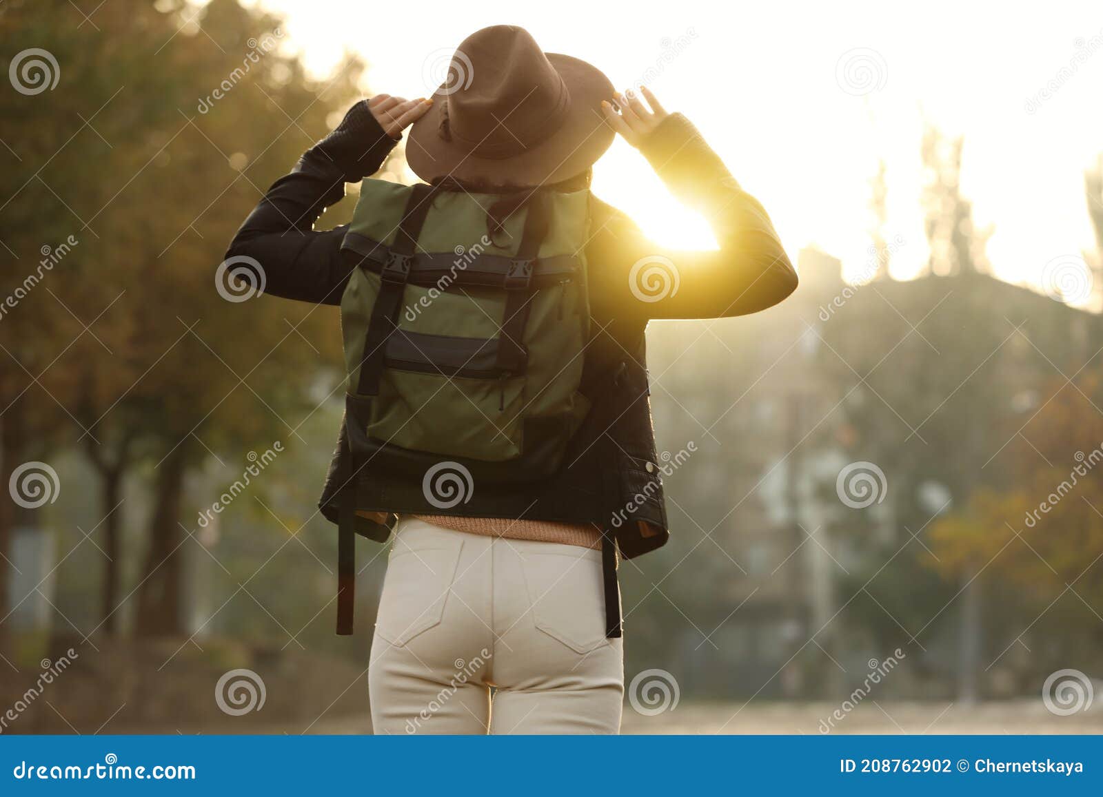 Traveler with Backpack on City Street, Back View Stock Photo - Image of ...