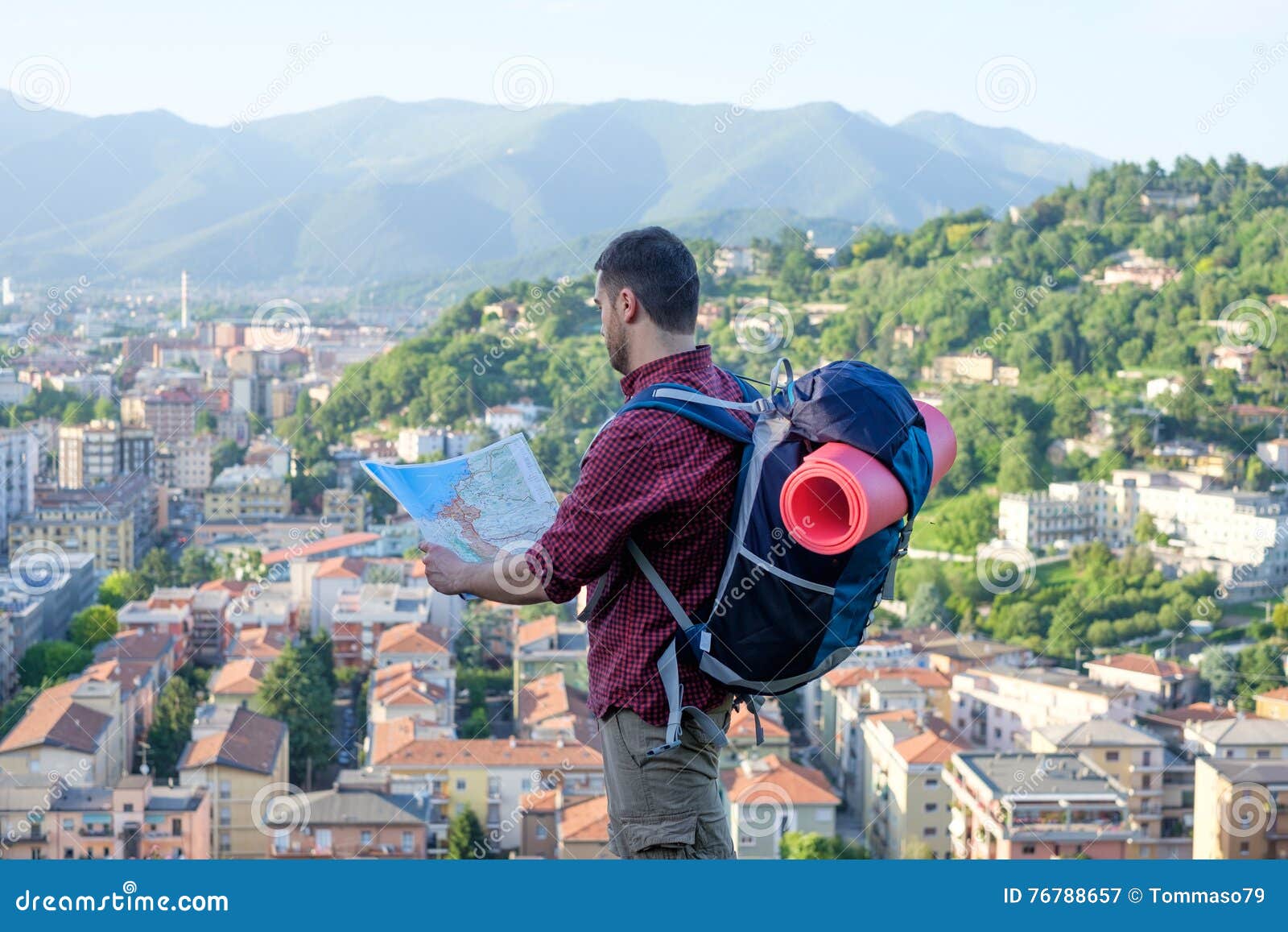 Traveler Backpacker in Front of a City Destination Stock Image - Image ...