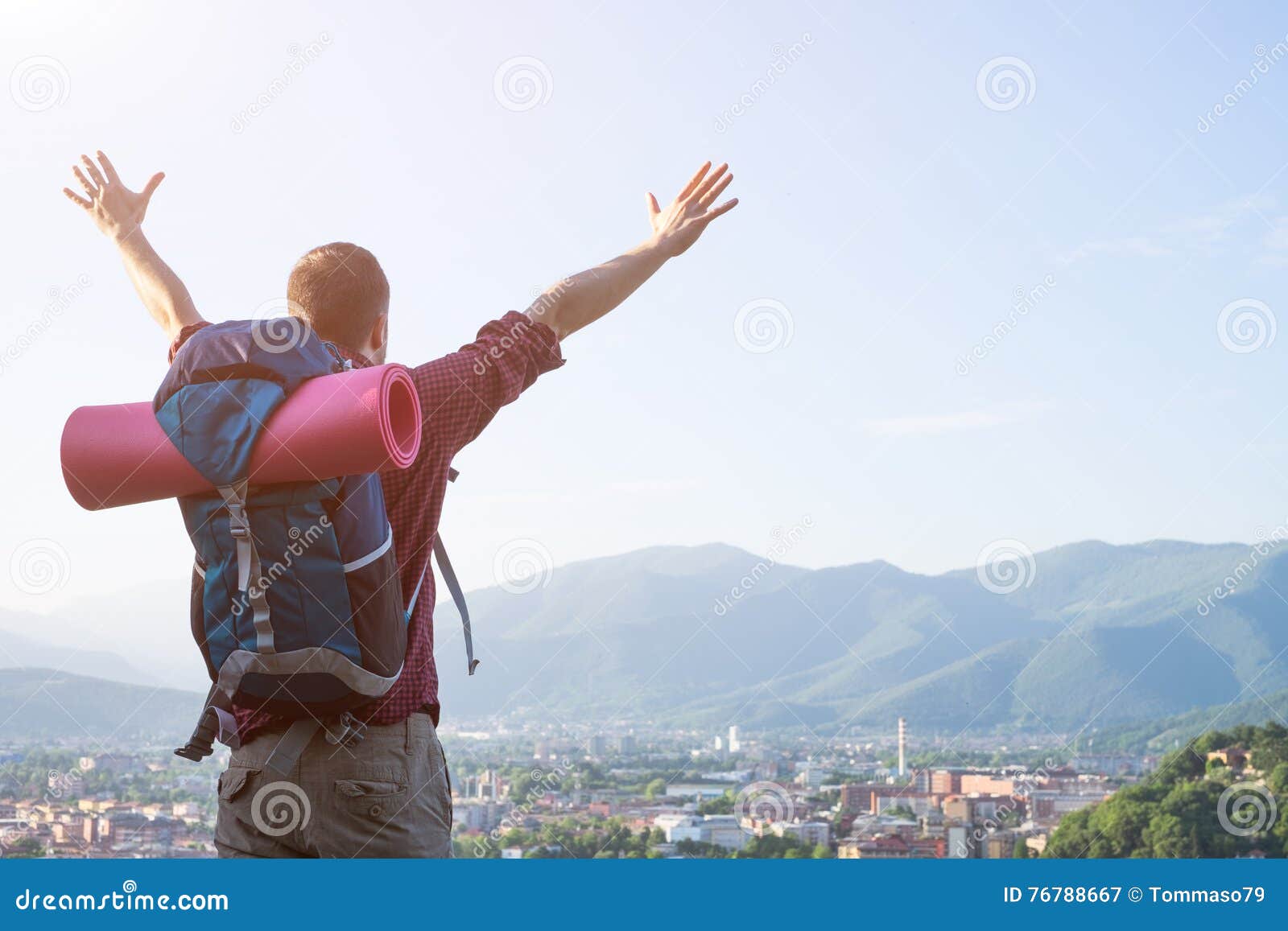 Traveler Backpacker in Front of a City Destination Stock Image - Image ...