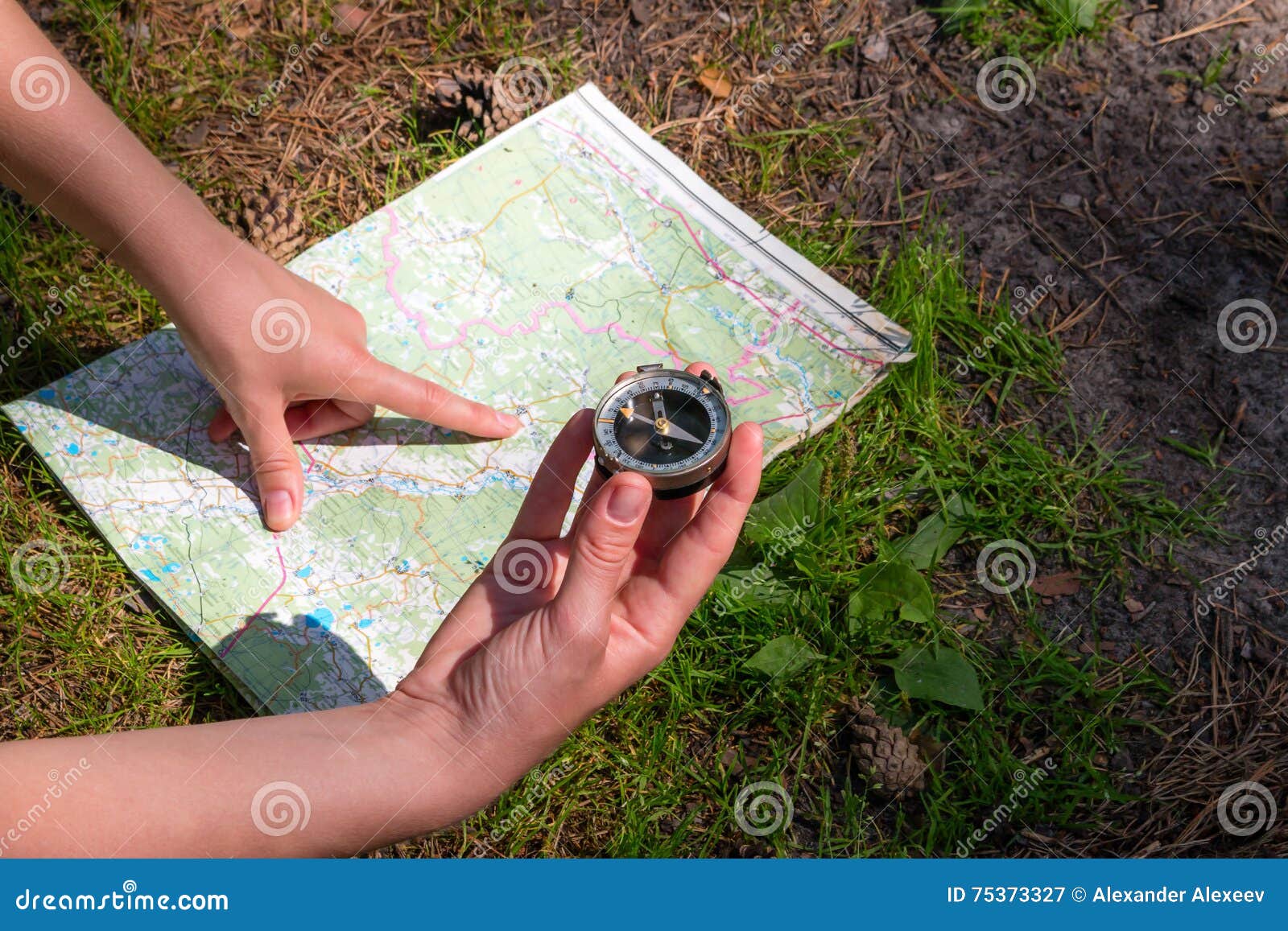 Traveler Checks with the Route Using a Map and Compass Stock Image ...
