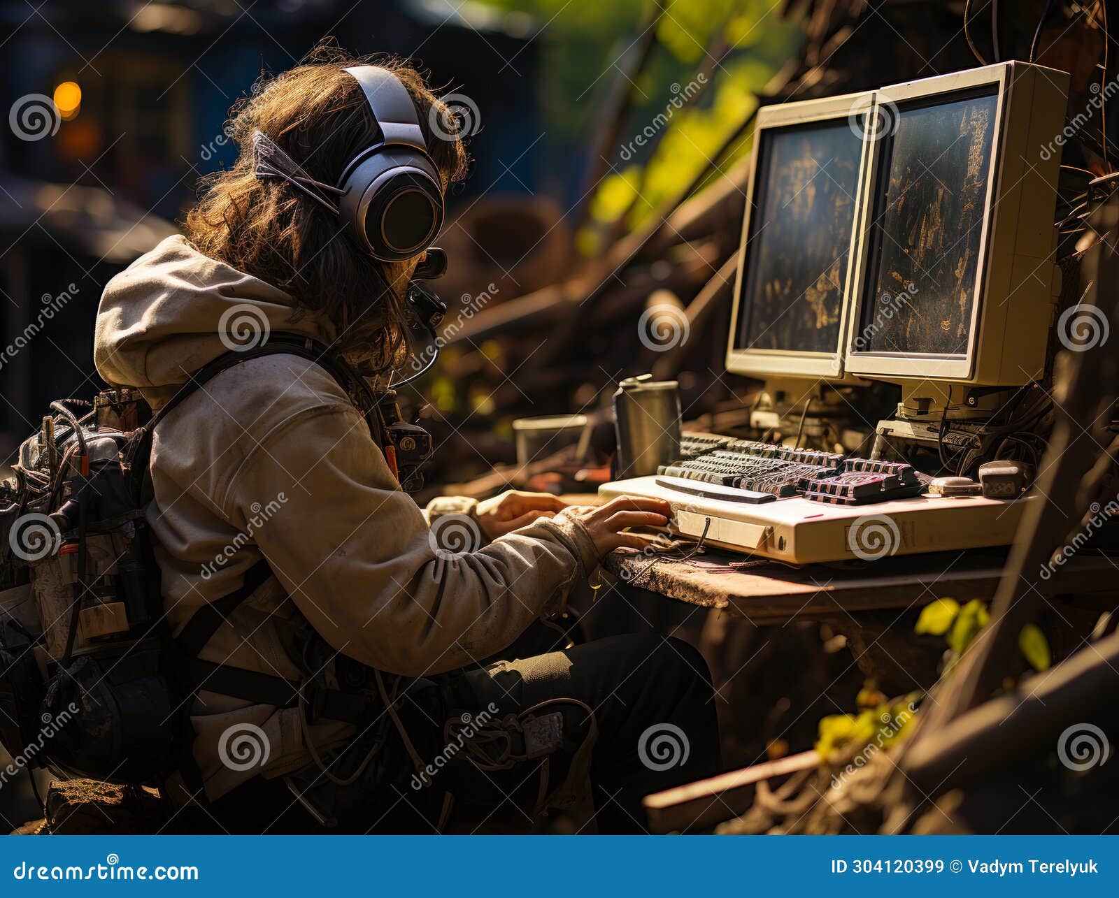 Traveler Connecting Working in Forest. Man Sitting with Old Computer in ...