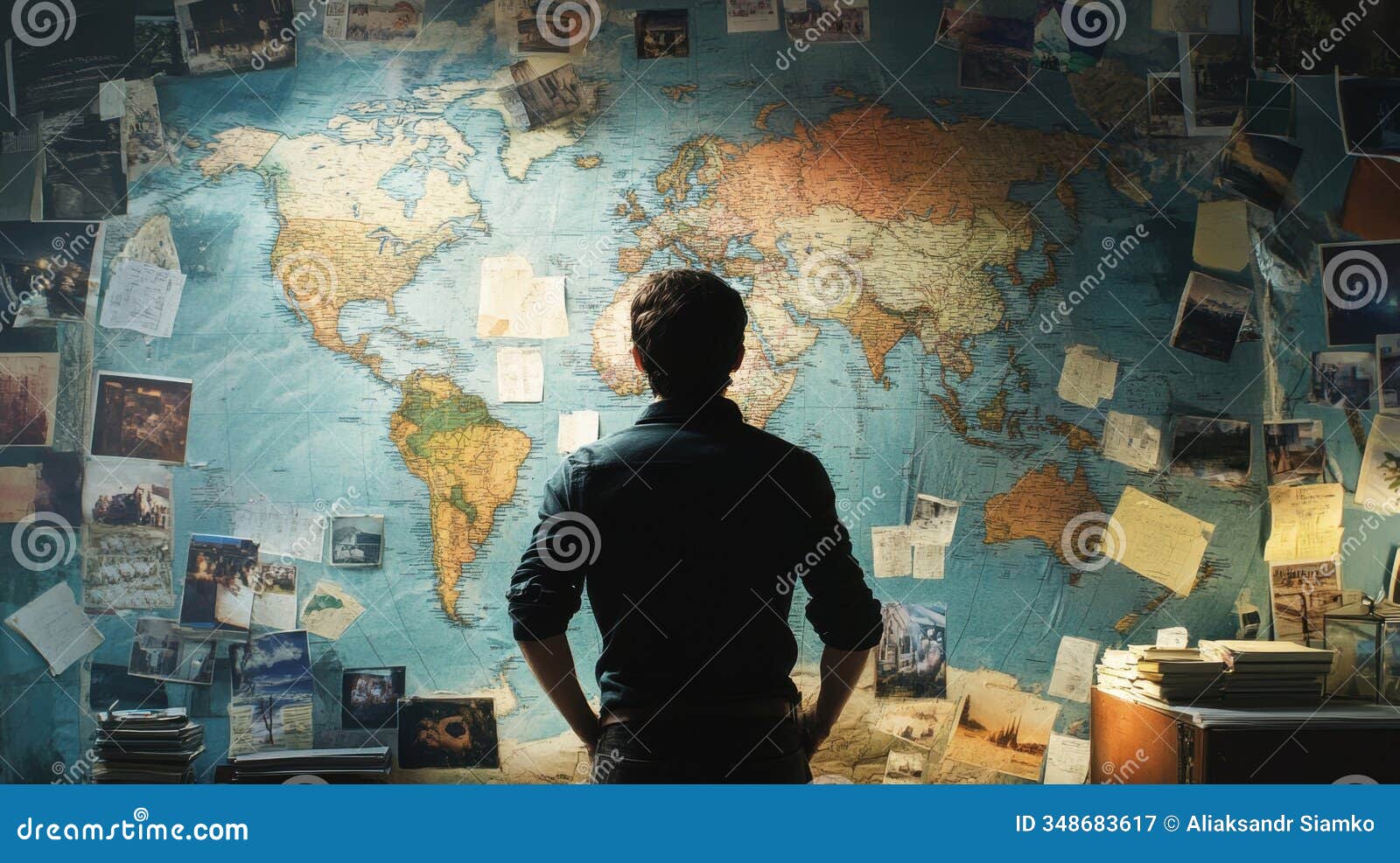 Traveler Exploring a World Map Surrounded by Notes and Photos Stock ...
