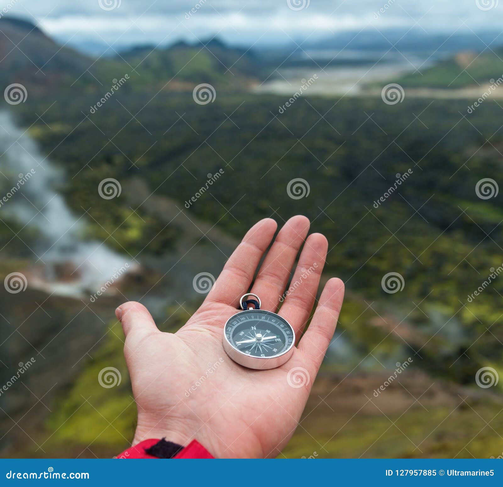 Traveler Holding Compass in Mountains Stock Image - Image of arrow ...