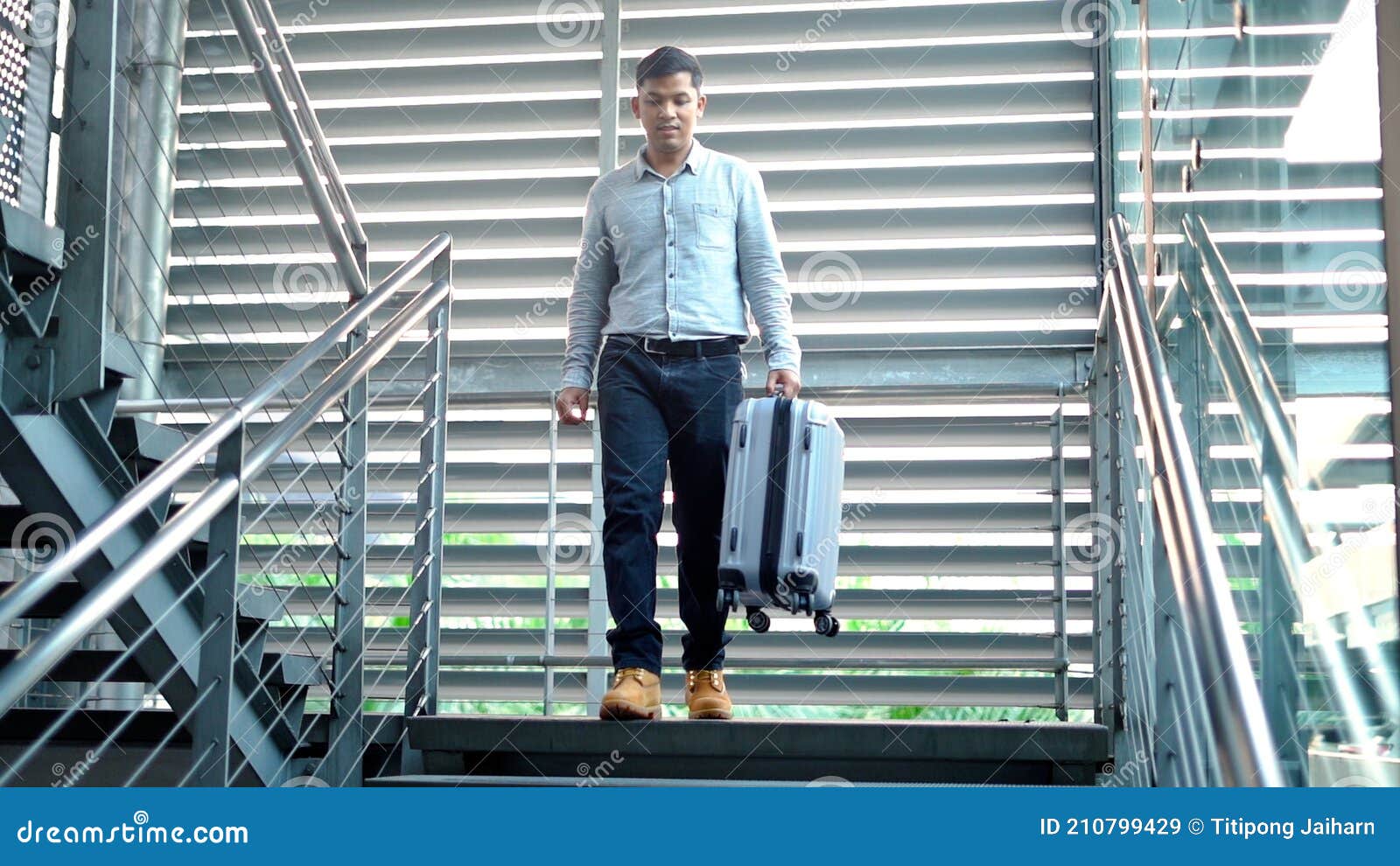 Traveler Man with Suit Case Walking on Stair Stock Image - Image of ...