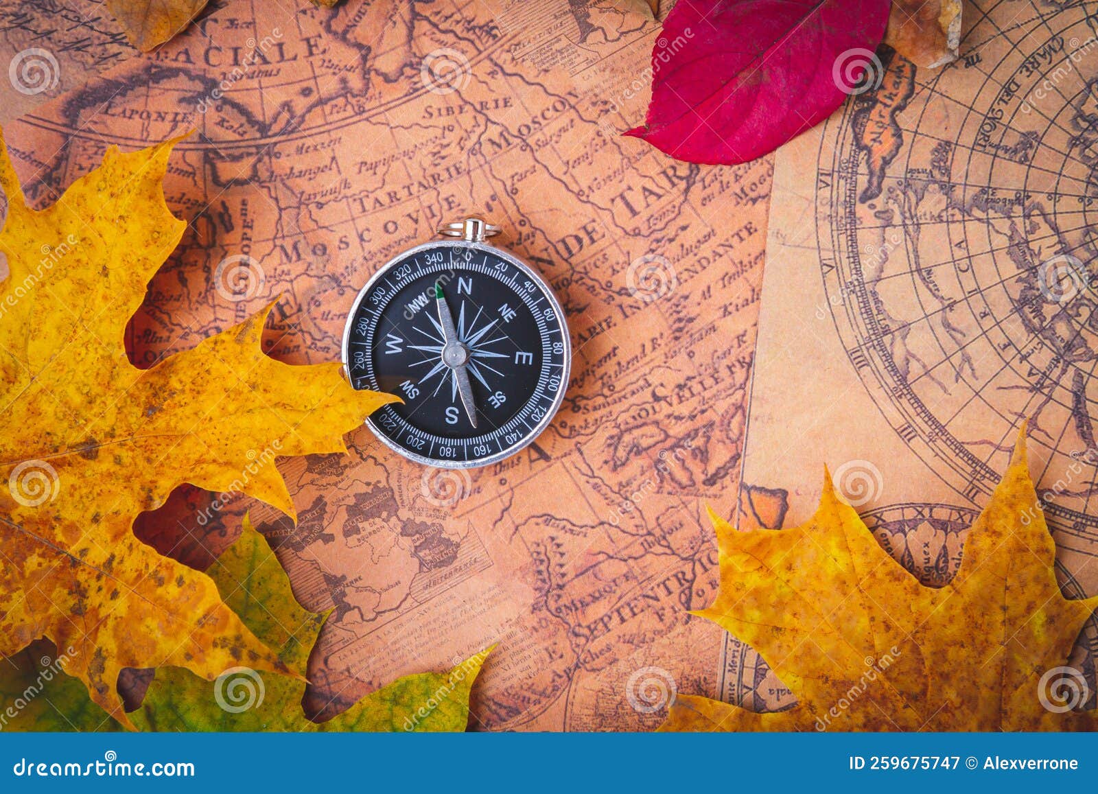 Traveler S Compass on Map in Bright Multi-colored Autumn Leaves ...