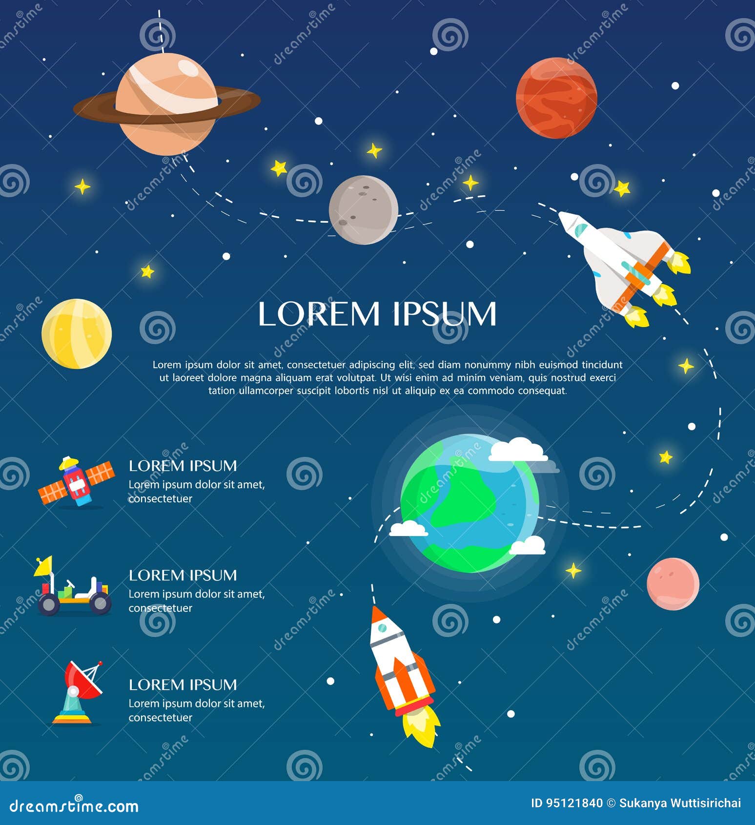Traveling Around Solar System by Spaceship Infographic Flat Design ...