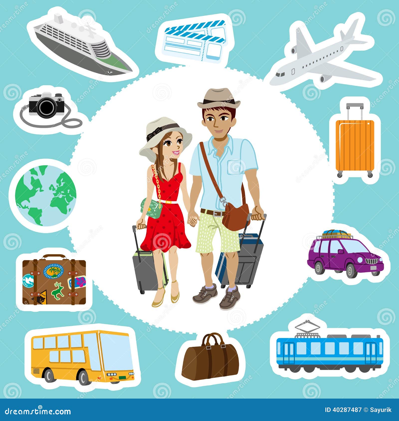 Traveling Couple and Transportation Sets Stock Vector - Illustration of ...