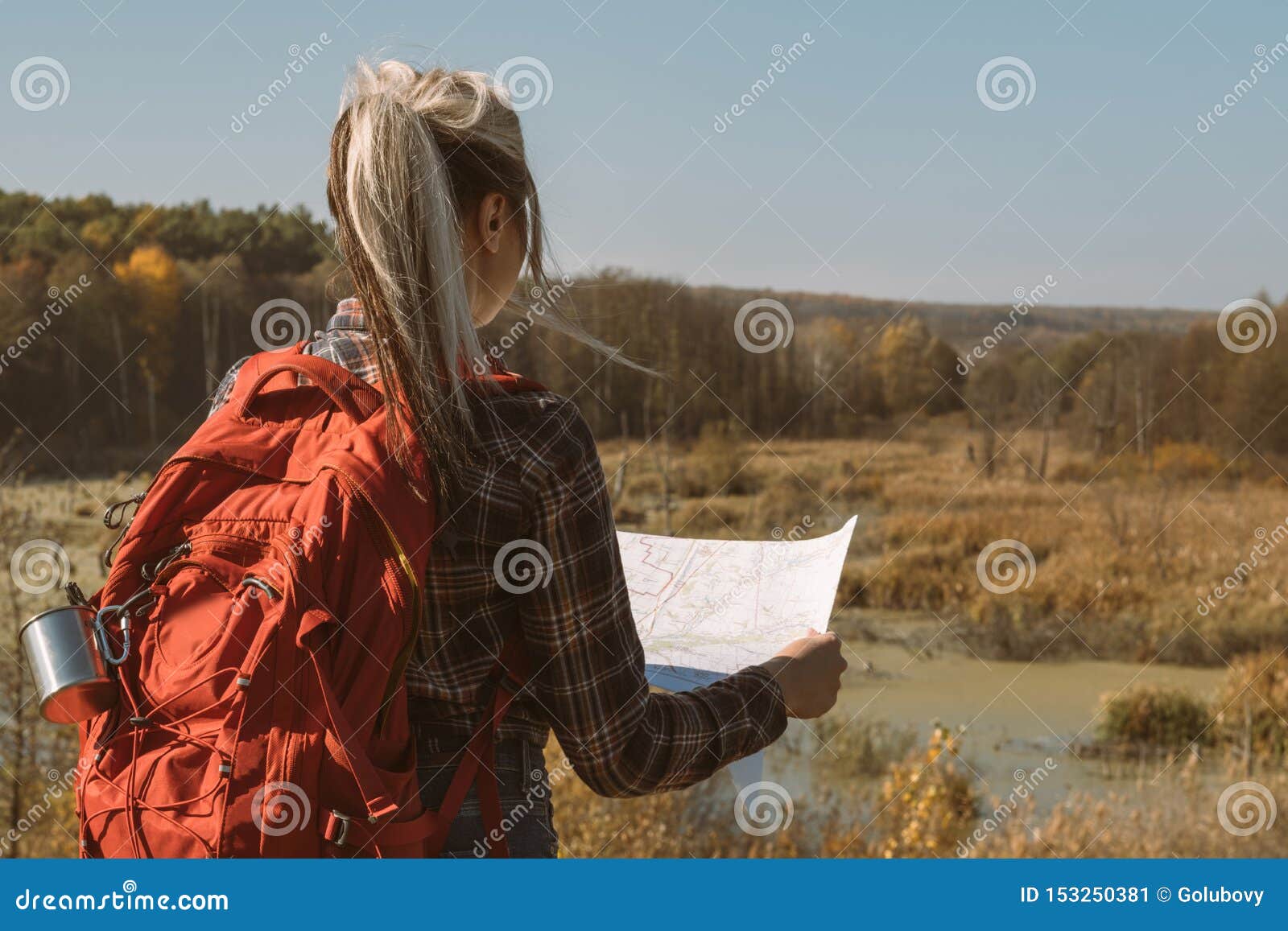 Traveling Hobby Lady Map Explore Fall Landscape Stock Image - Image of ...