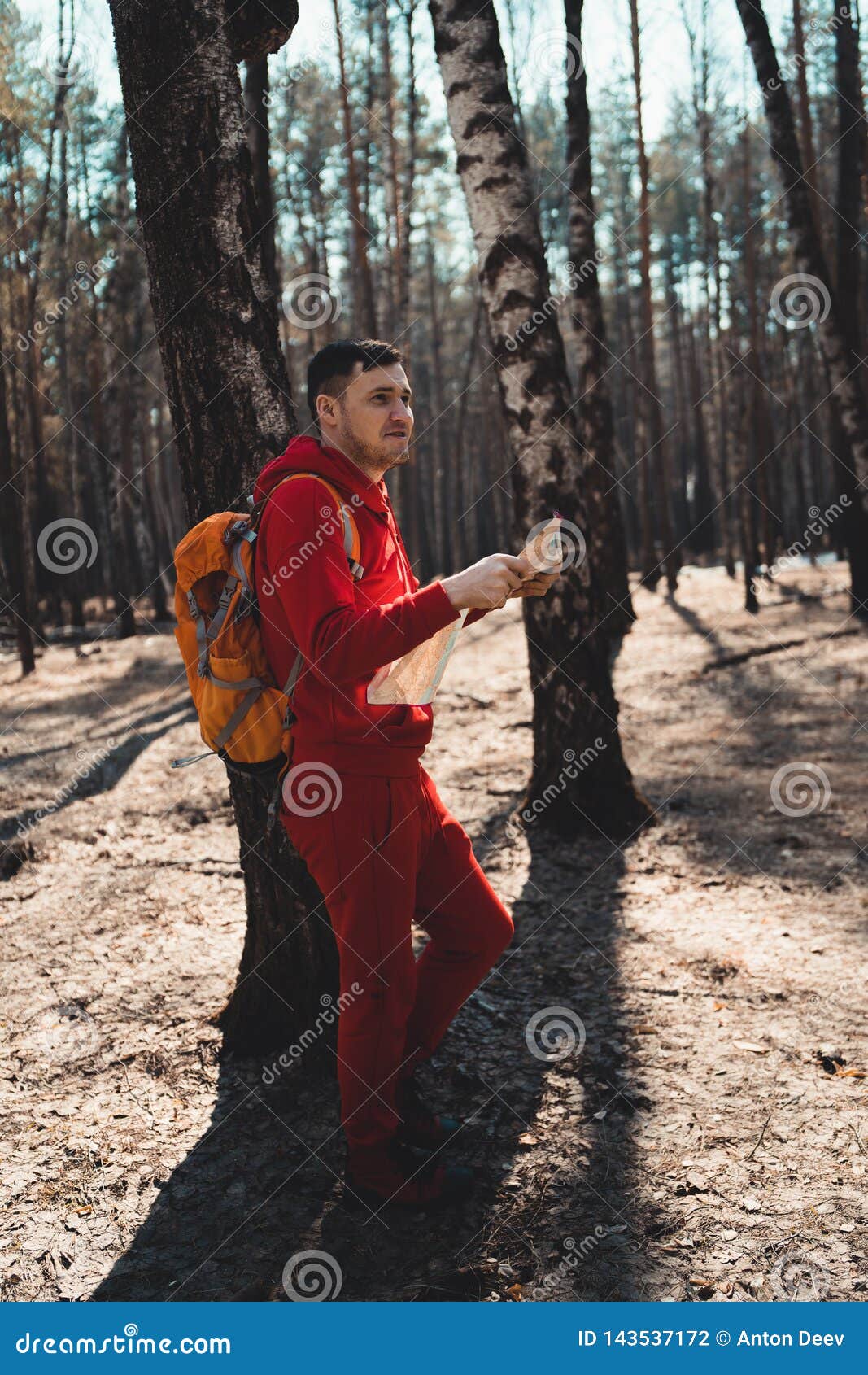 Traveling Man with Map in Woods. Side View of Man with Backpack Reading ...