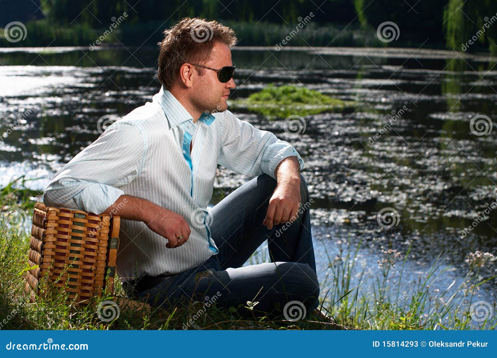 Traveling Man at the River Shore Stock Image - Image of river, rest ...