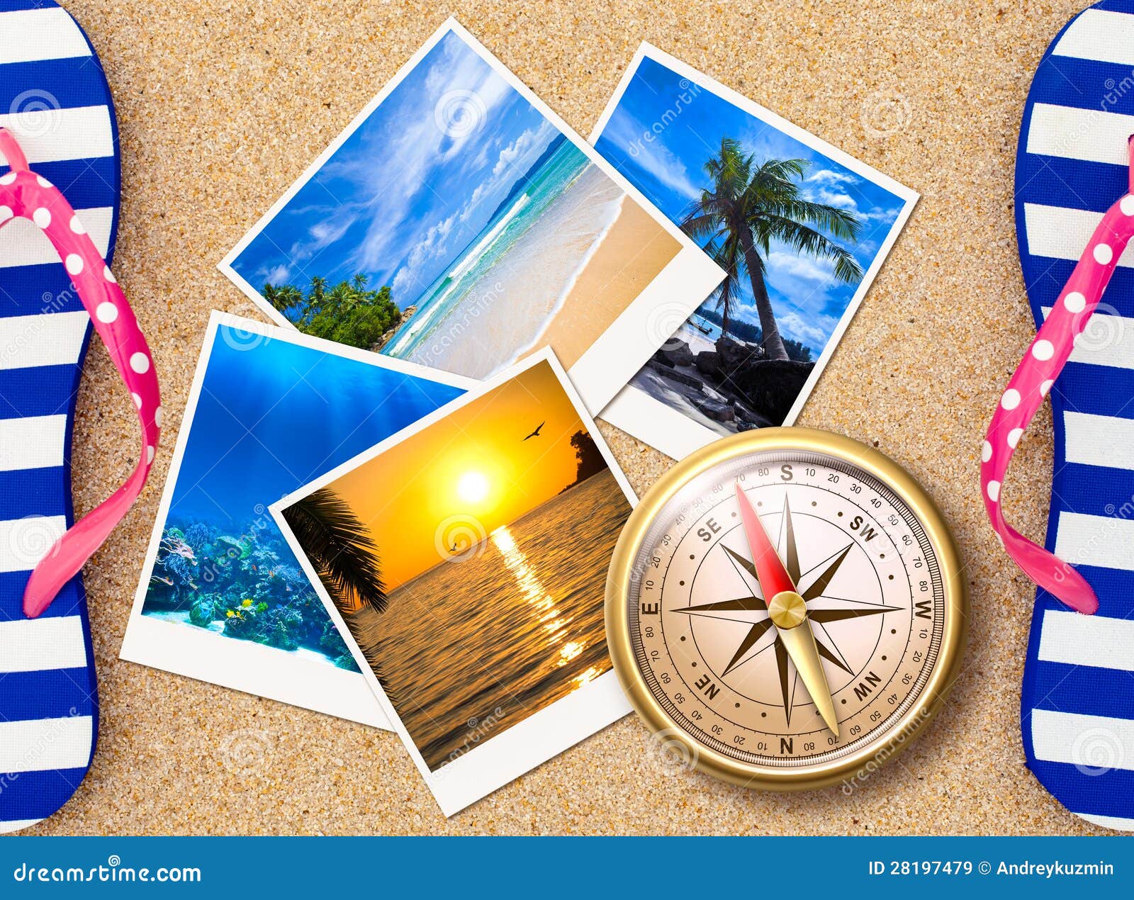 Traveling Photos with Compass on Beach Concept Stock Image - Image of ...