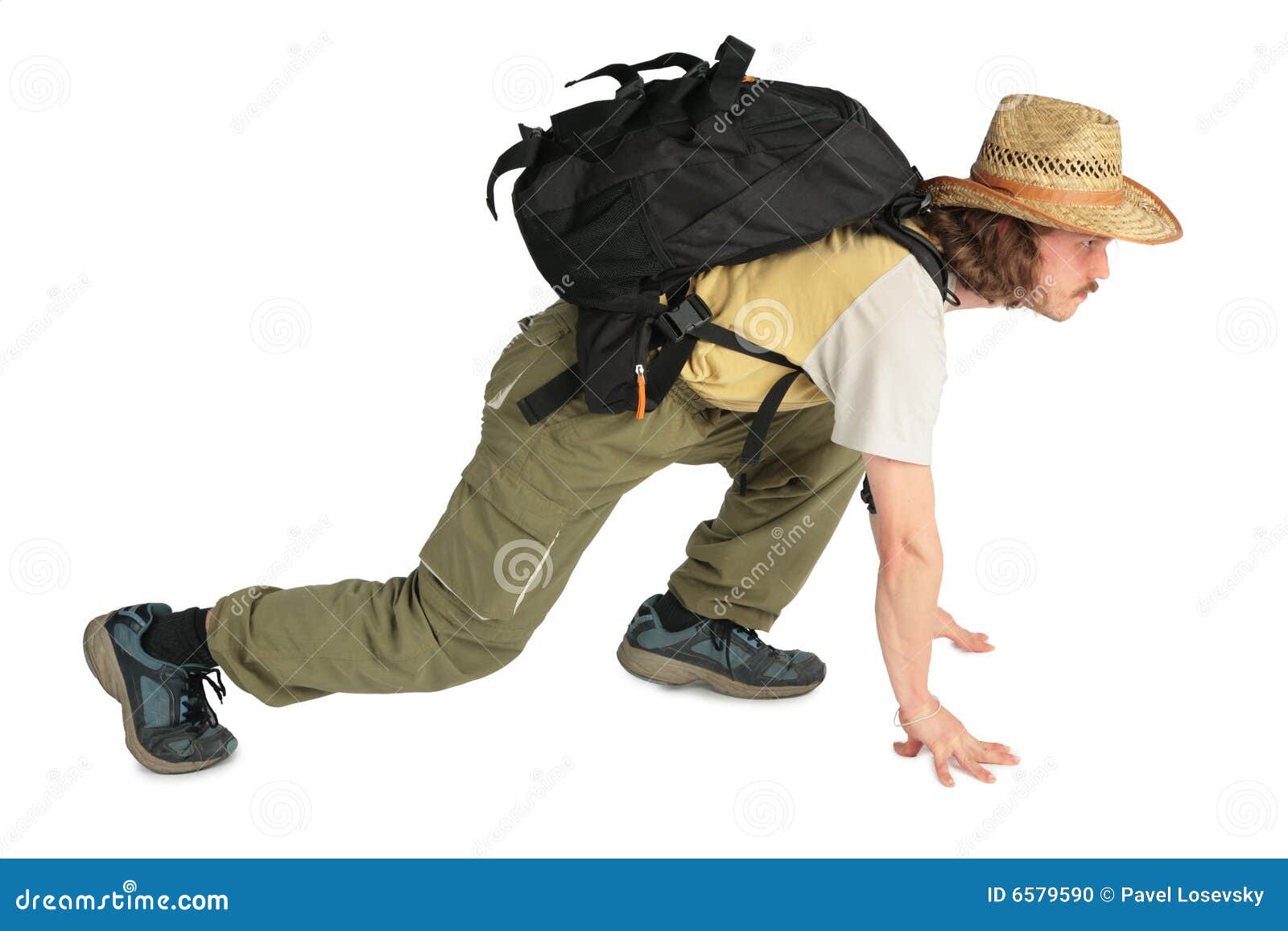 Traveller with Backpack in Straw Hat on All Fours Stock Photo - Image ...