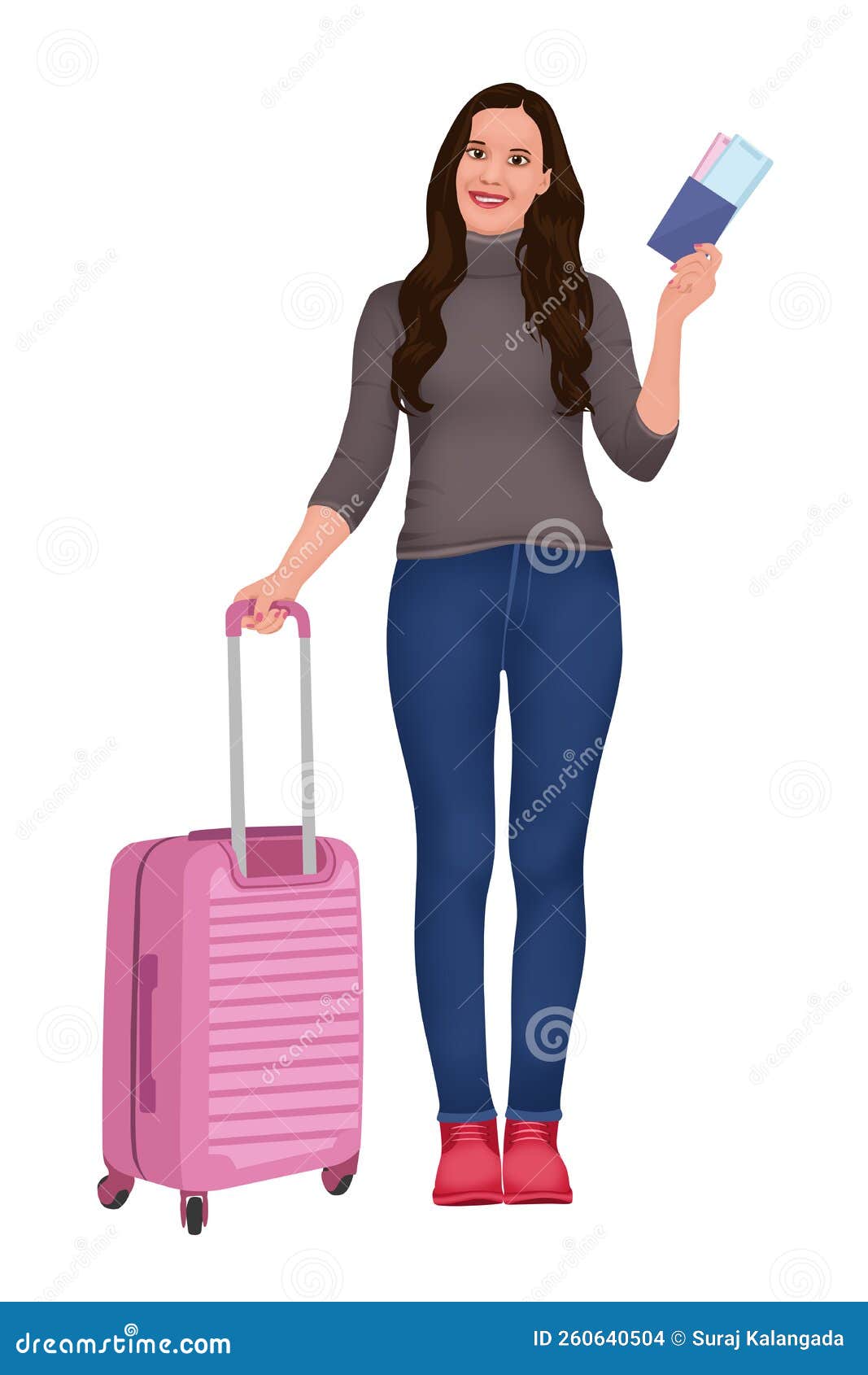 Traveller Women Holding Passport Tickets And Caring Suitcase Luggage