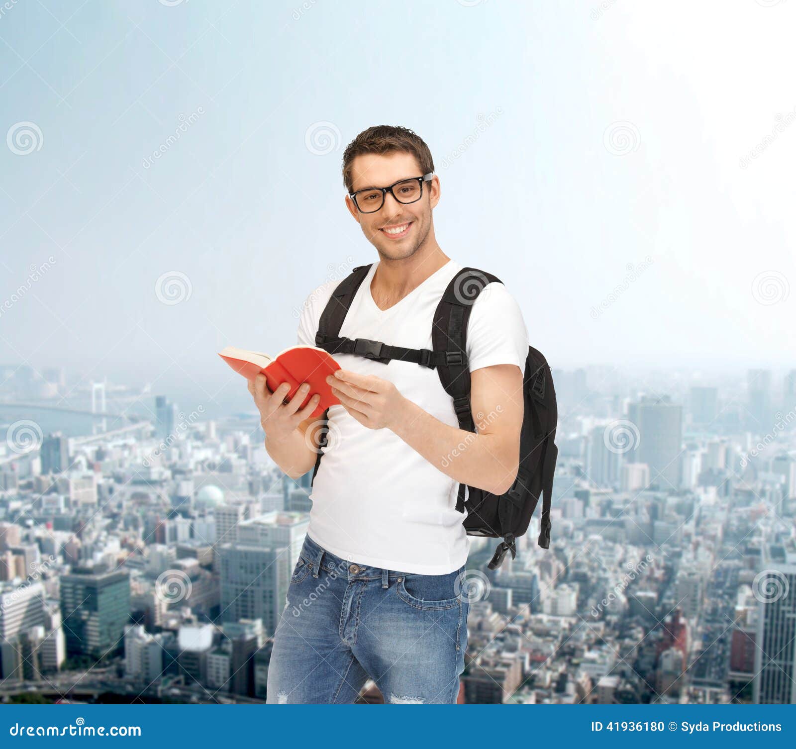 Travelling Student with Backpack and Book Stock Photo - Image of ...